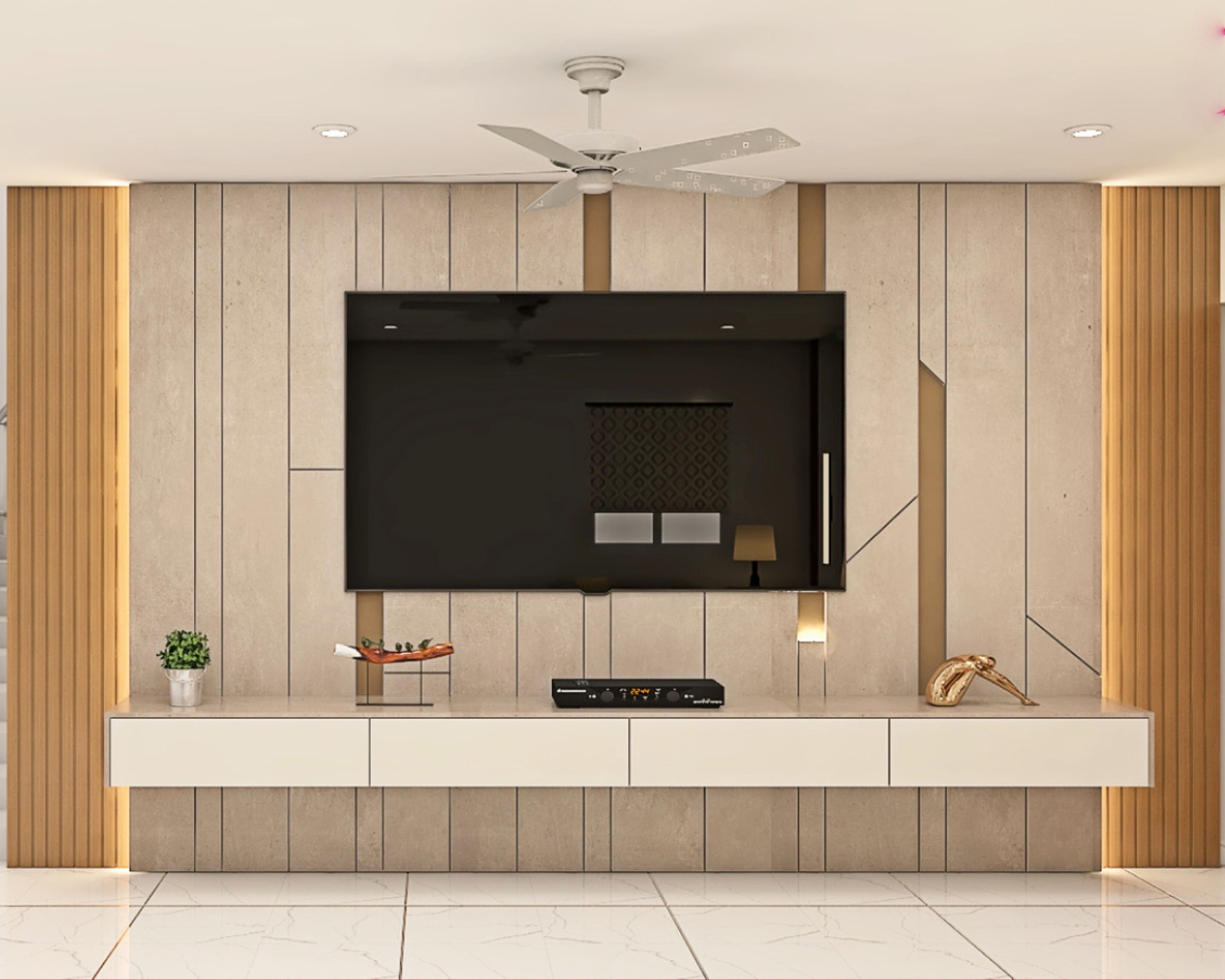 White TV Unit With A Wooden Back Panel | Livspace