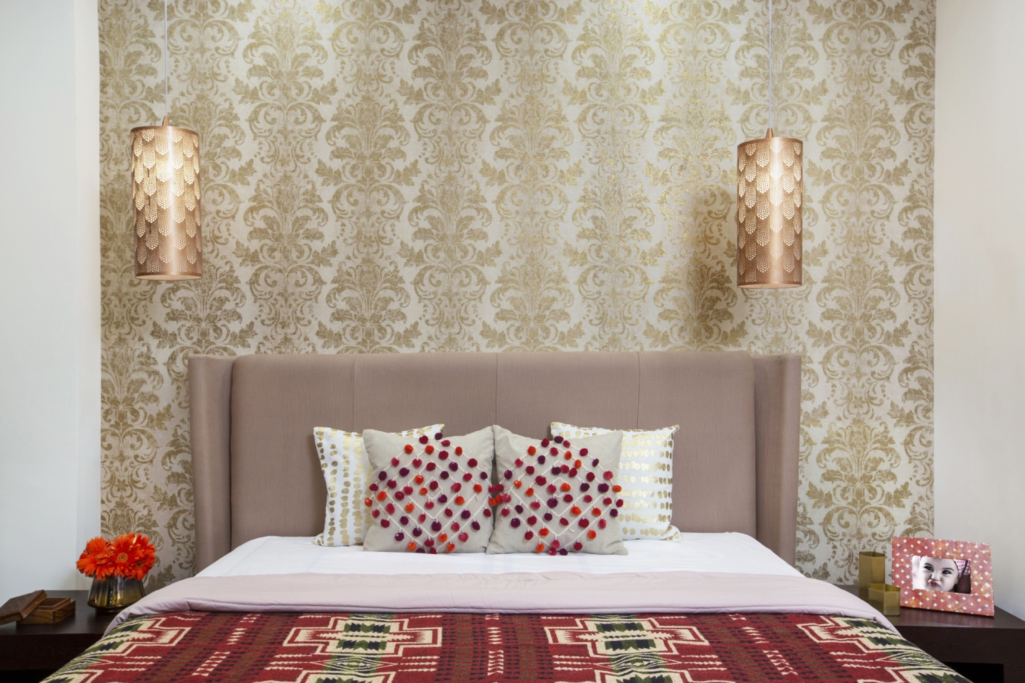 Patterned Bedroom Wallpaper Design With Wall Lamps | Livspace
