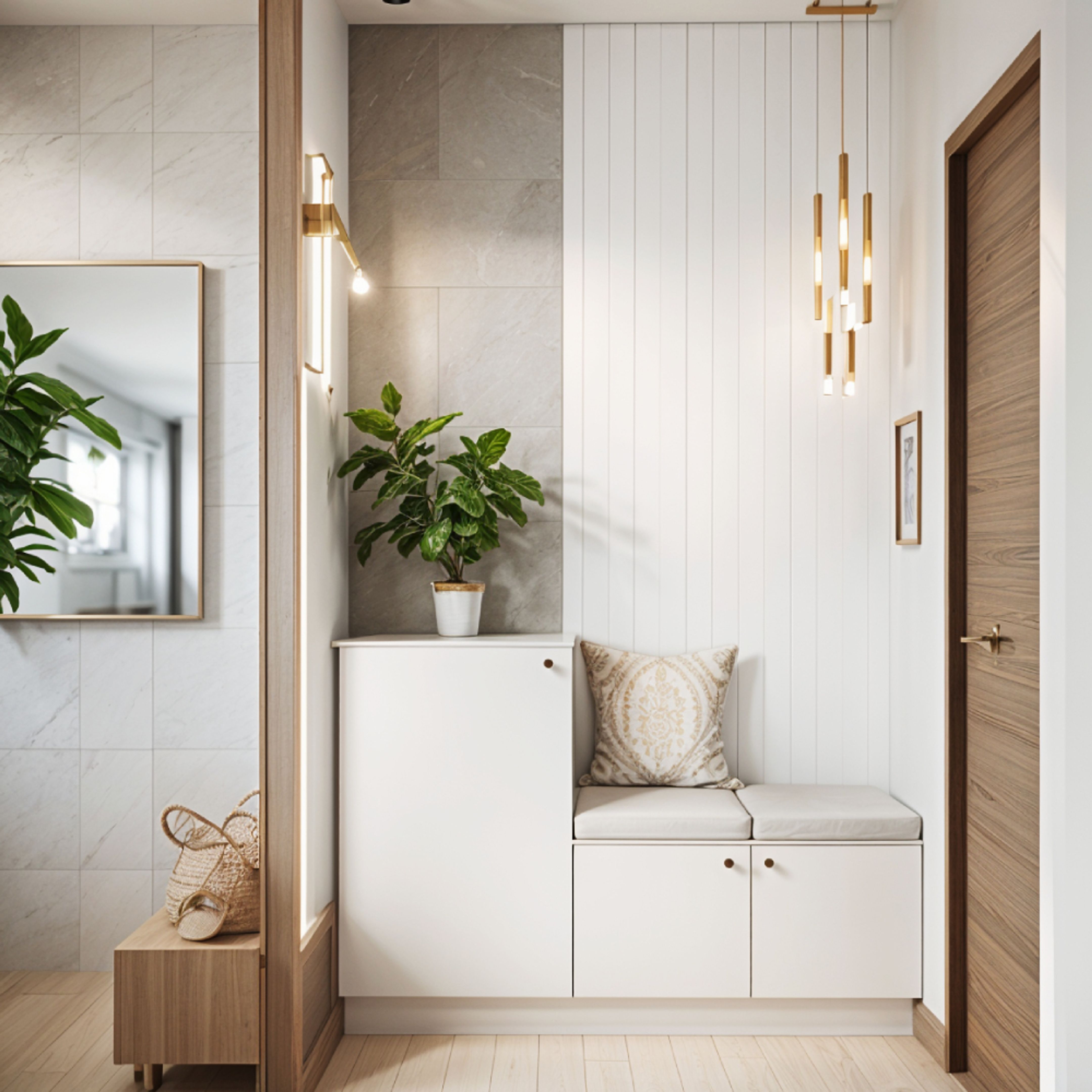 Modern Foyer Design: Shoe Storage & Wooden Countertop Display | Livspace