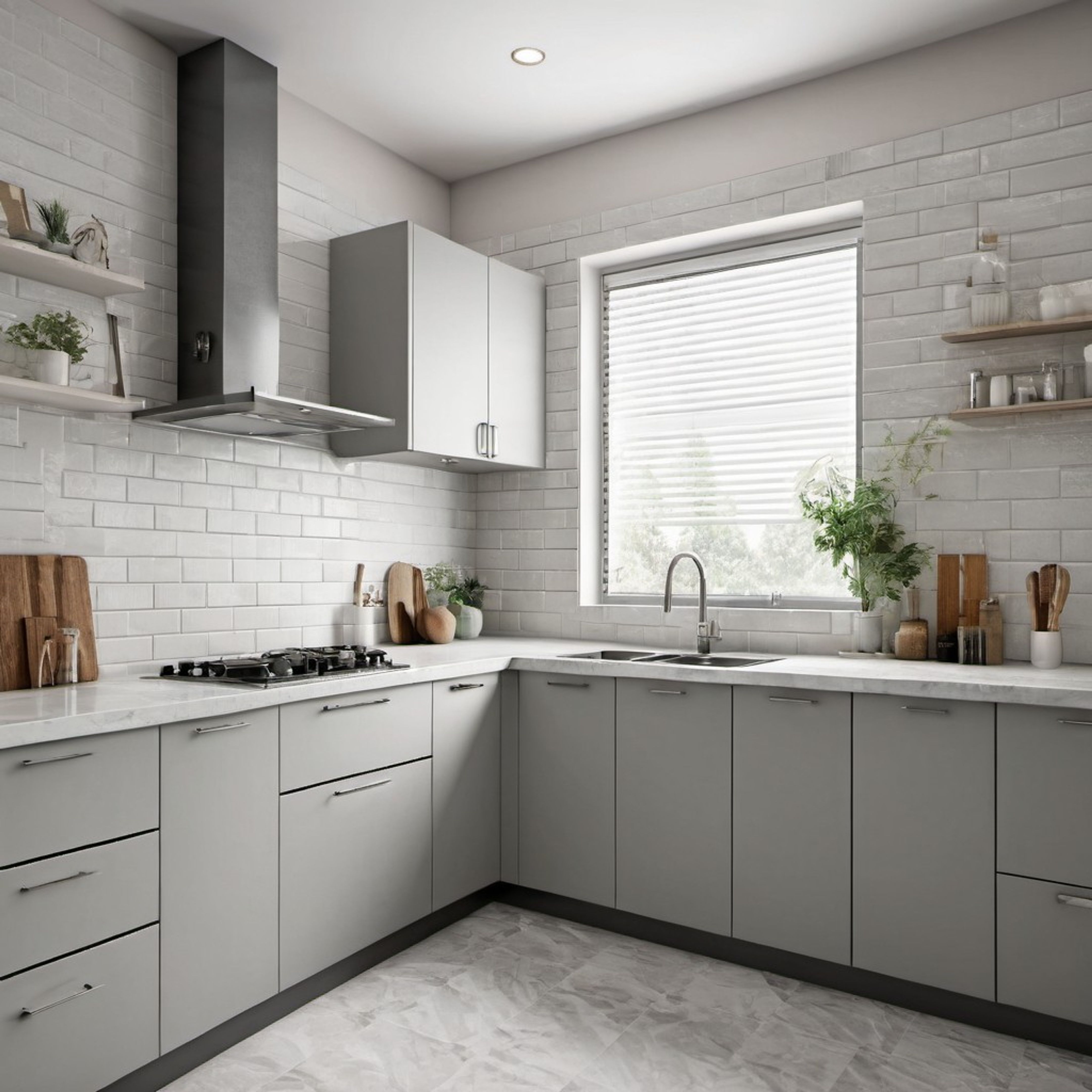 Modern L Shaped Kitchen Design in Alumina Pearl Tone Units | Livspace