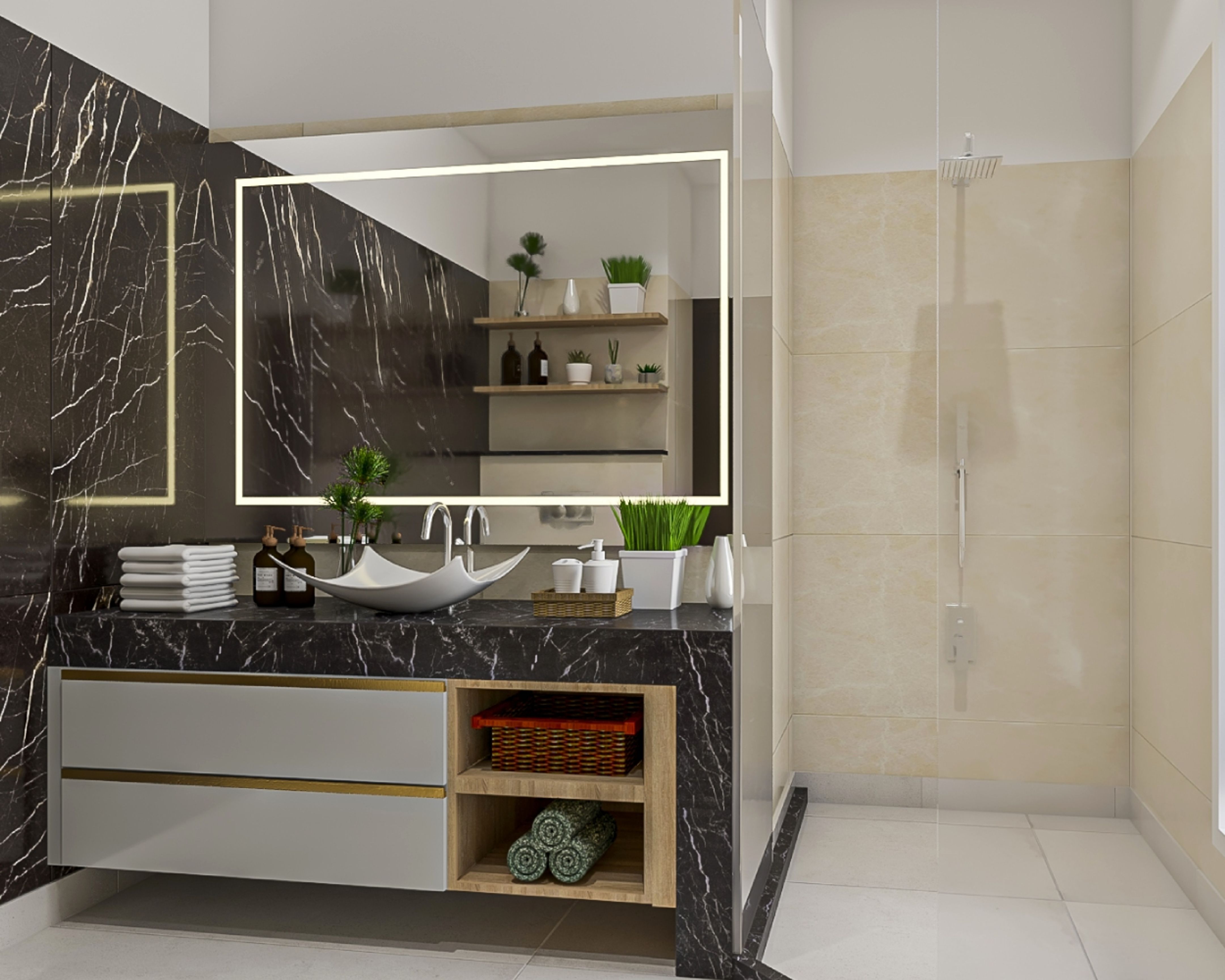 Black Marble Bathroom Design With Wood And White Built-In Vanity Unit | Livspace