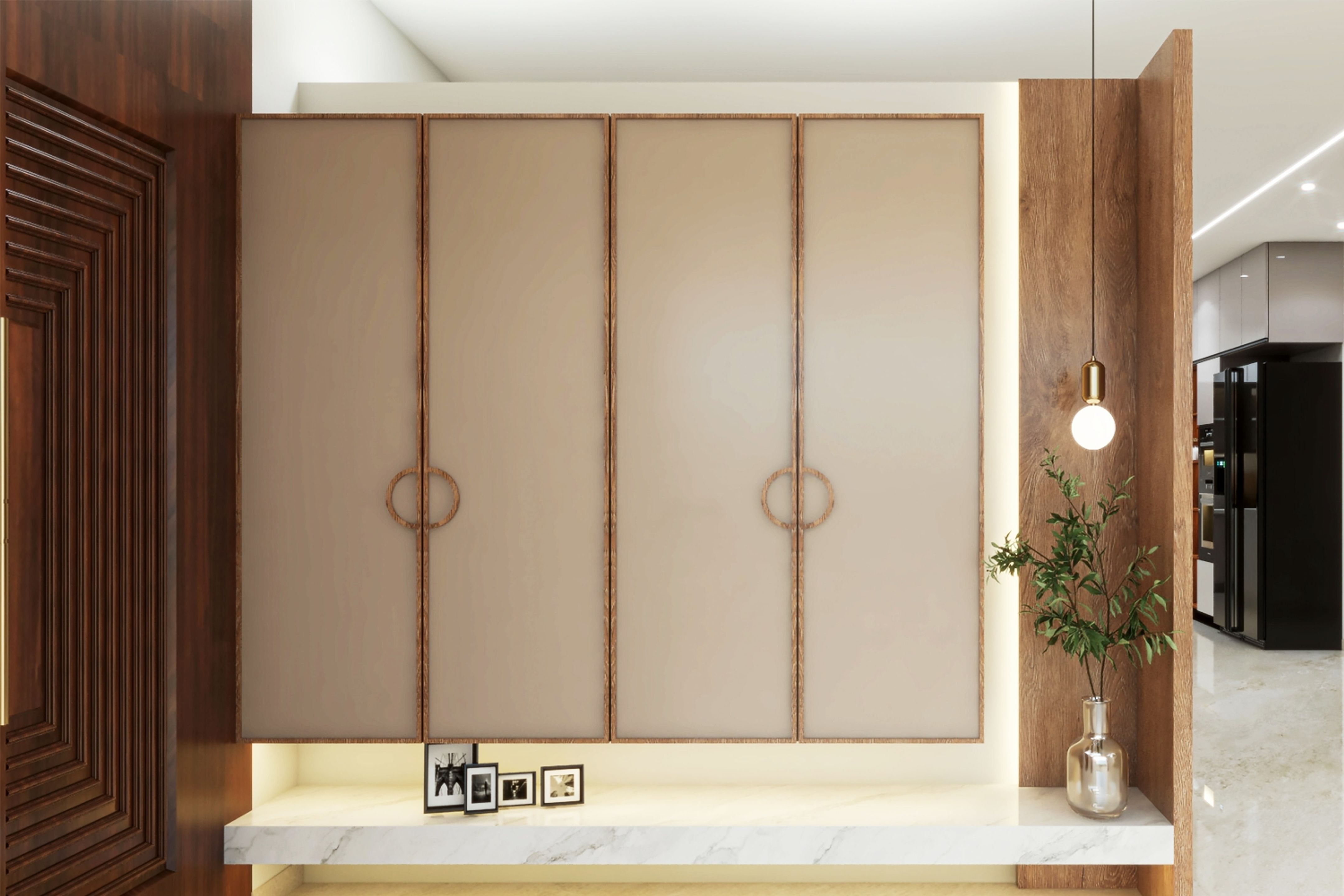 Compact Foyer Design With Wall-Mounted Irish Cream-Toned Storage Units ...