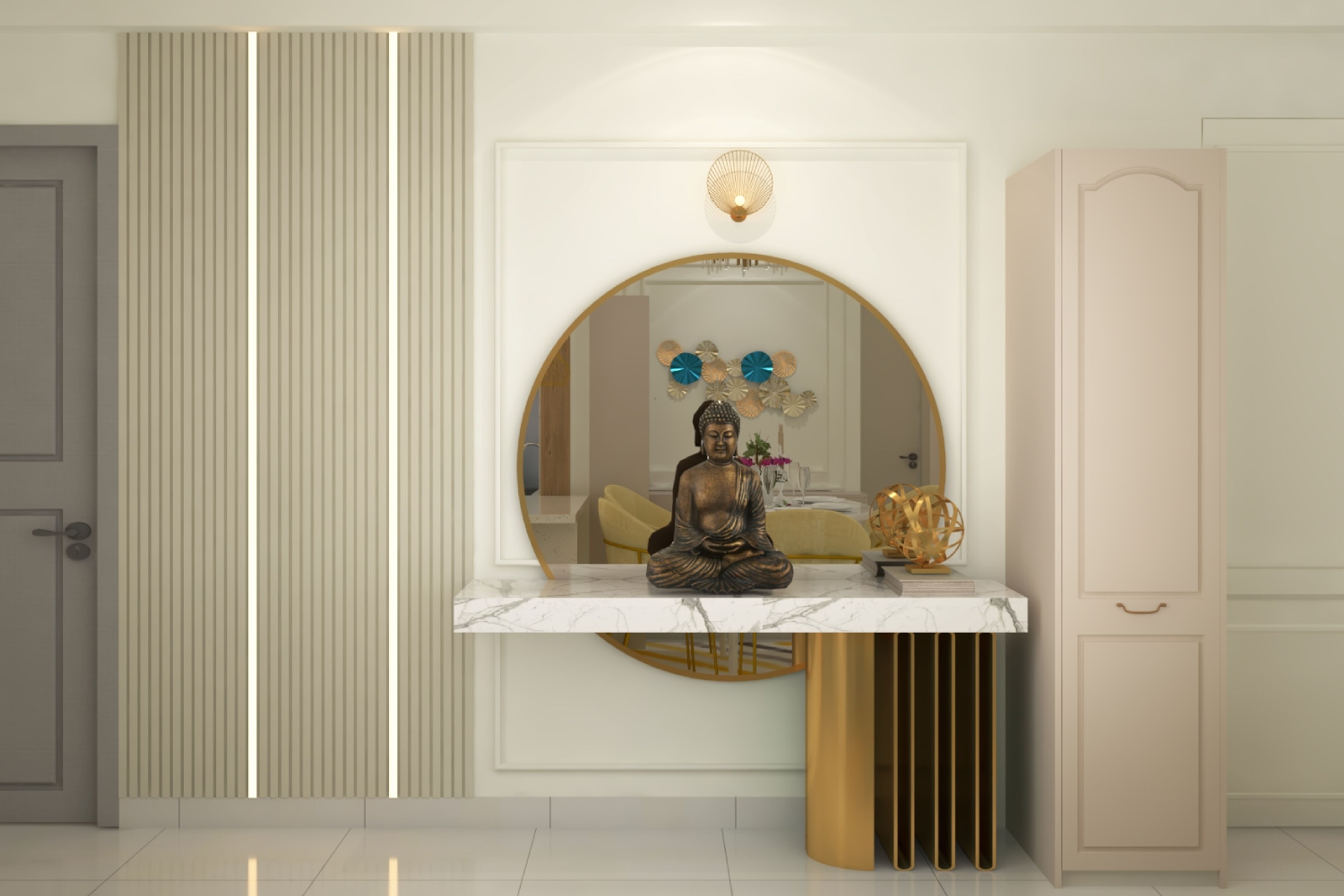 Spacious Foyer Design With Buddha Statue And Large Round Mirror | Livspace