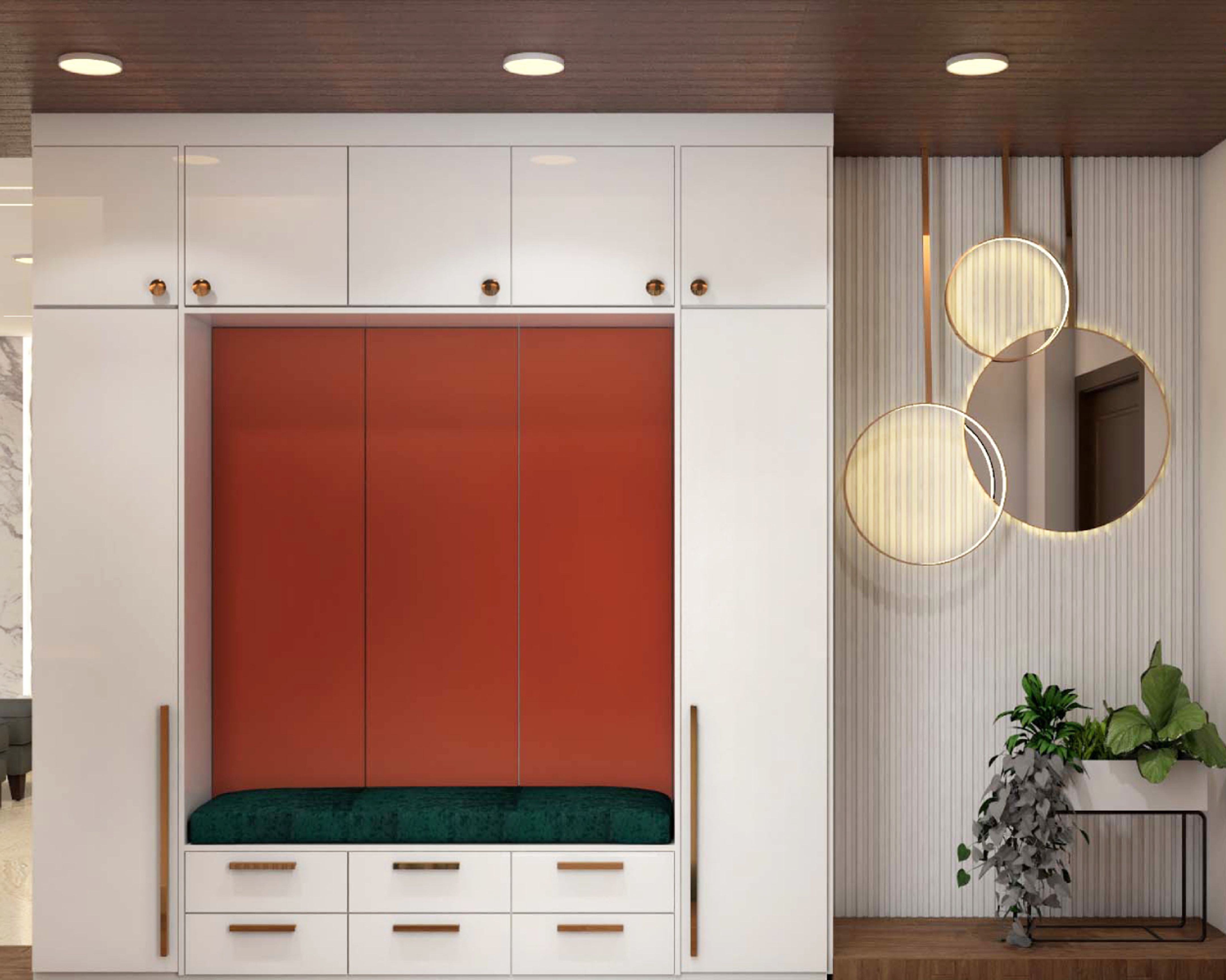 Foyer Design With Spacious White Storage Unit And Green Velvet Seater ...