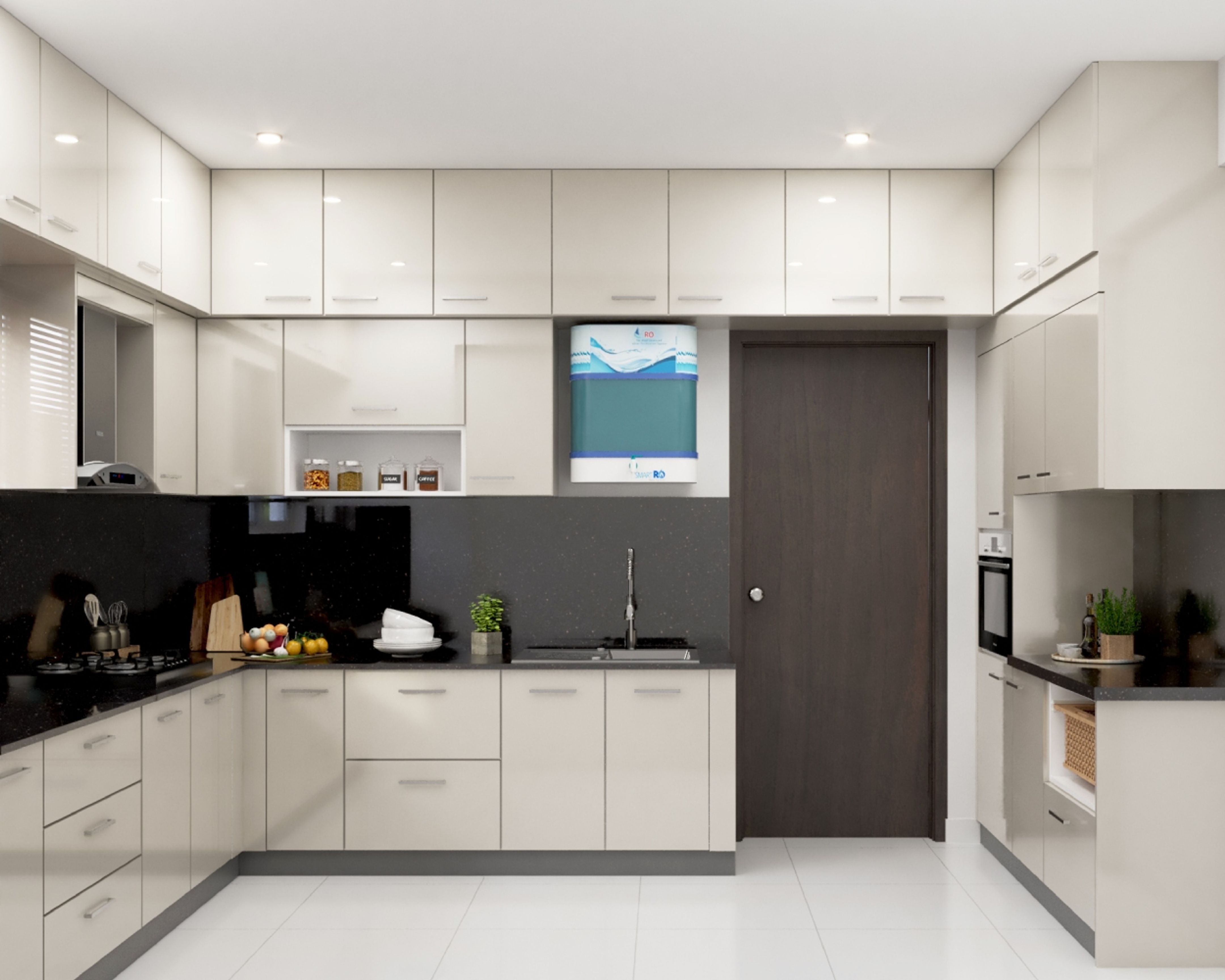 Spacious Modern L-Shape Kitchen Design with Champagne Finish | Livspace