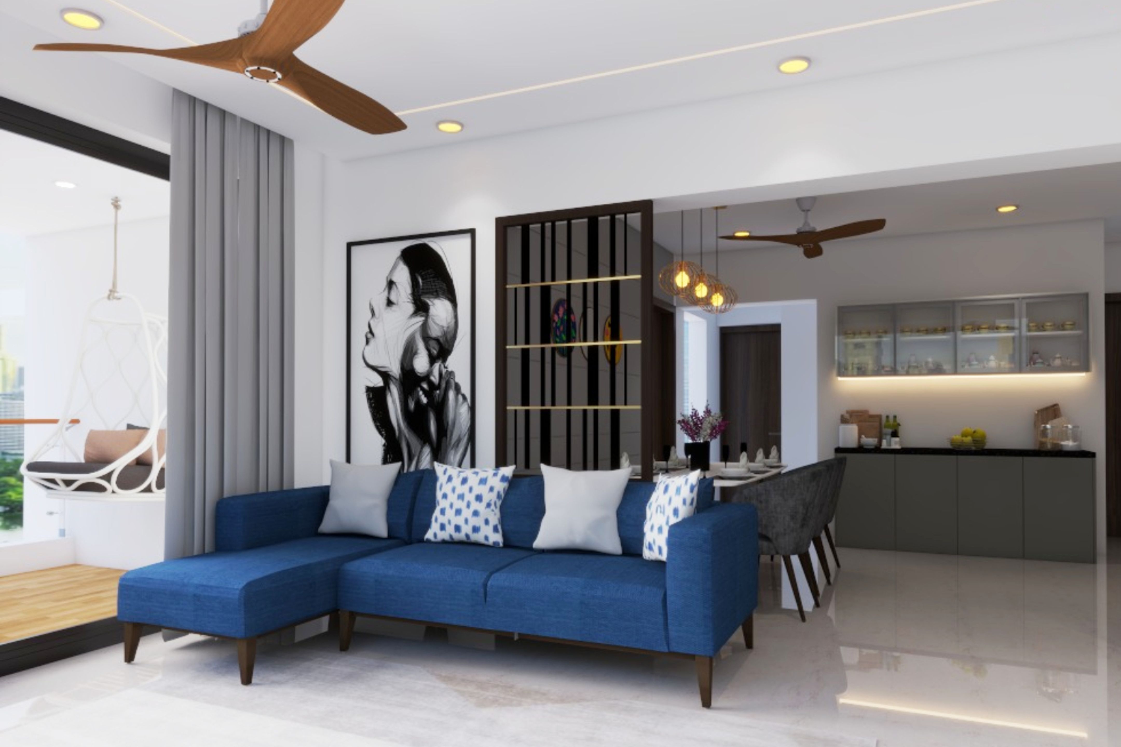 Regal Contemporary Living Room With Blue L-Shaped Sofa And Abstract ...