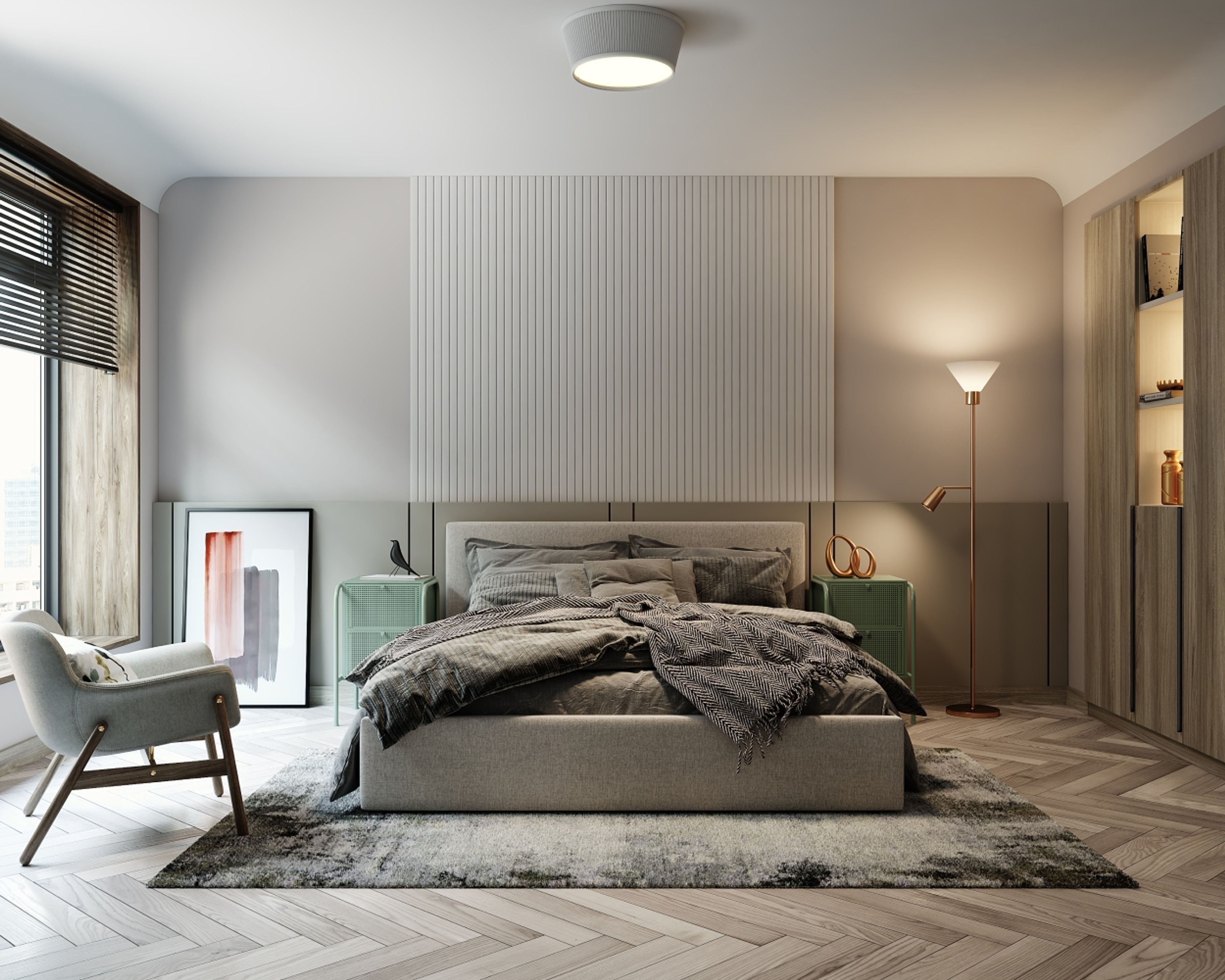 Spacious Grey Master Bedroom Design With Light Green Side Tables | Livspace