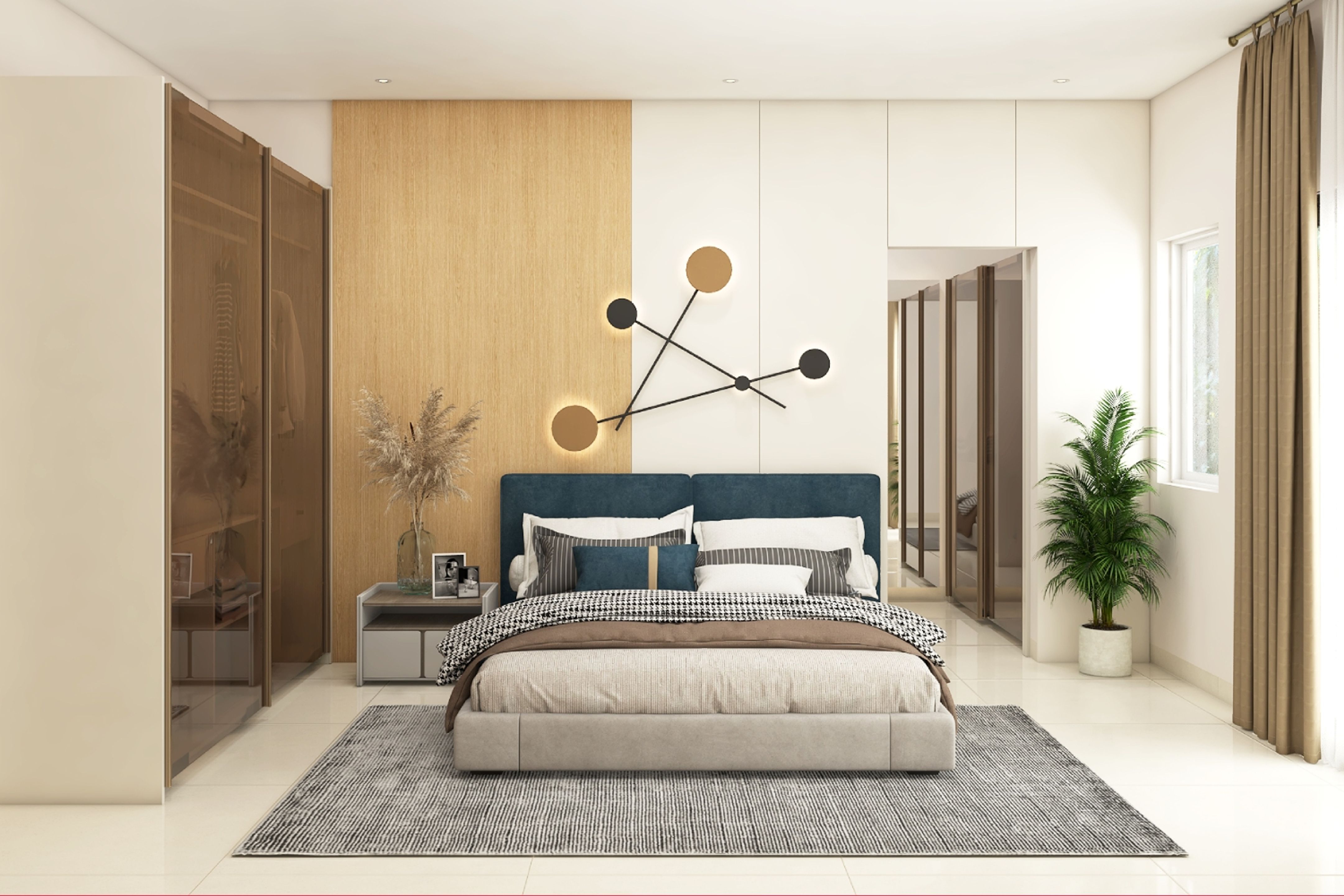 Spacious Master Bedroom Design With White And Wood Accent Wall | Livspace