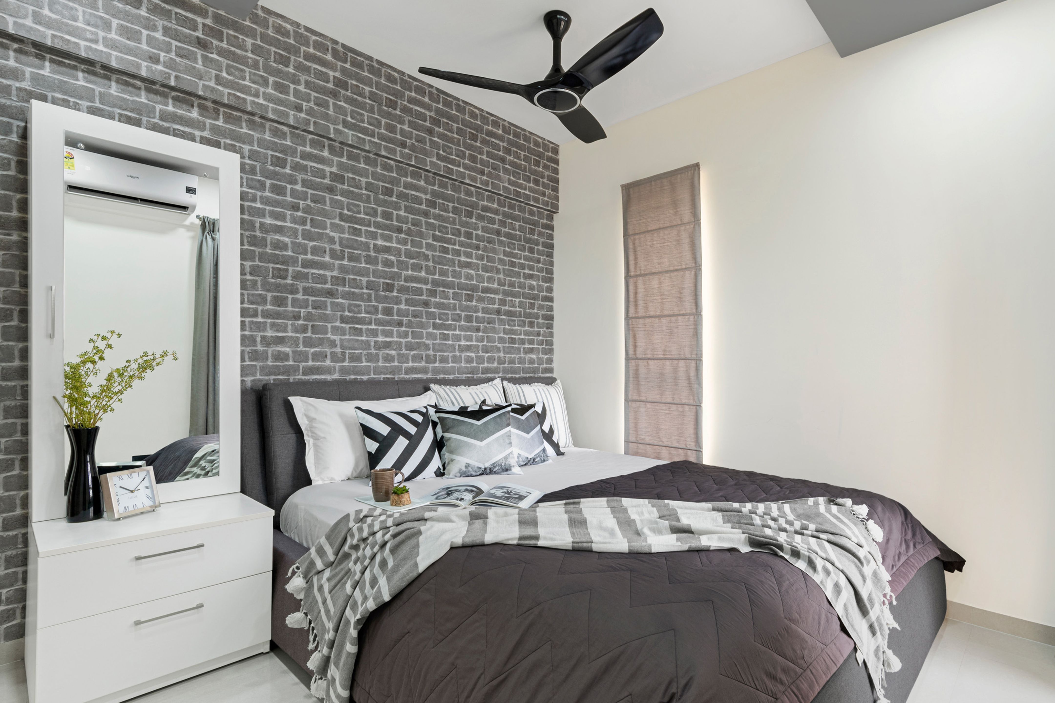 Charming Rustic Guest Room Design With Queen Bed And Grey Brick Wall ...
