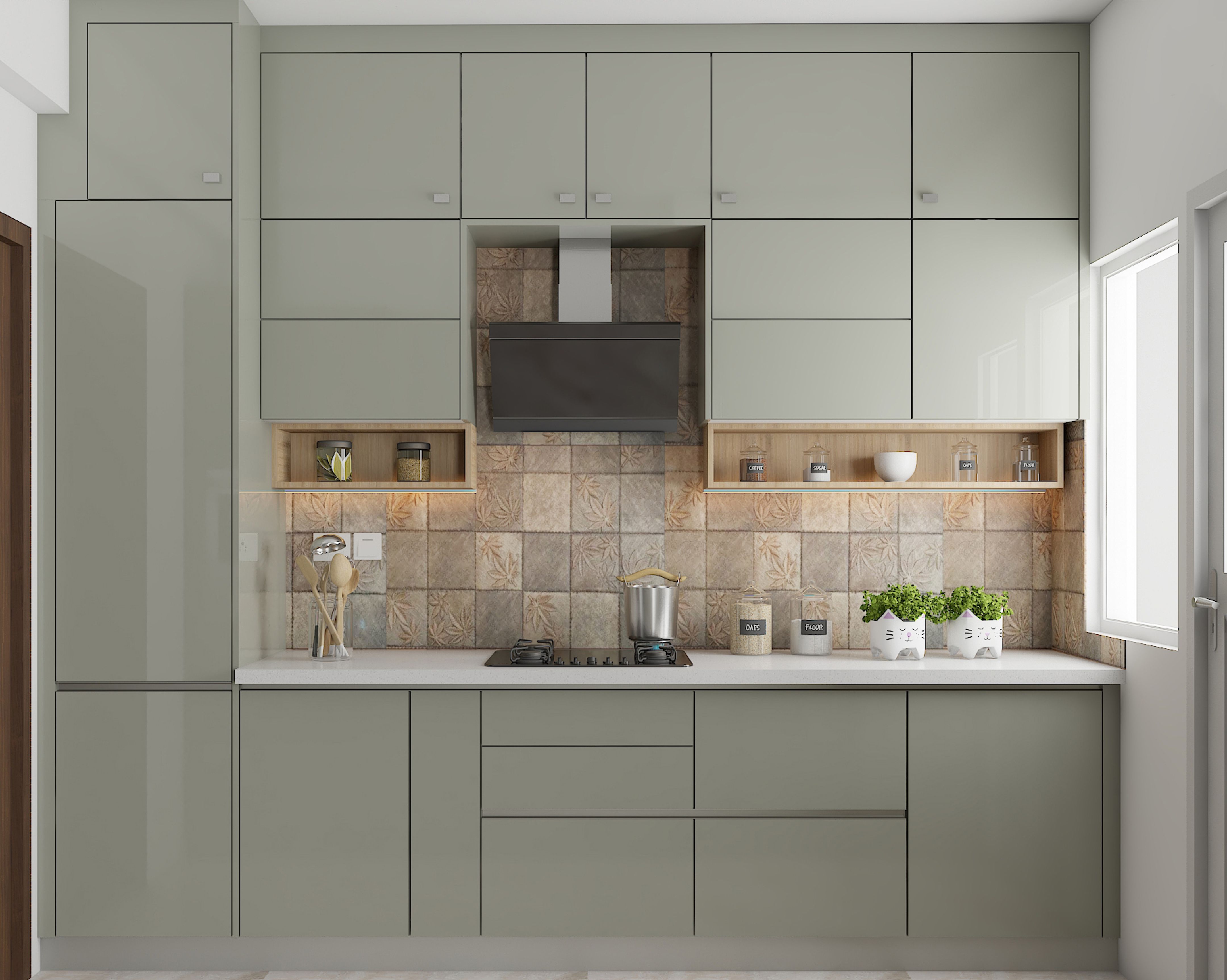 Dove Grey Parallel Kitchen Design With Brown Backsplash | Livspace