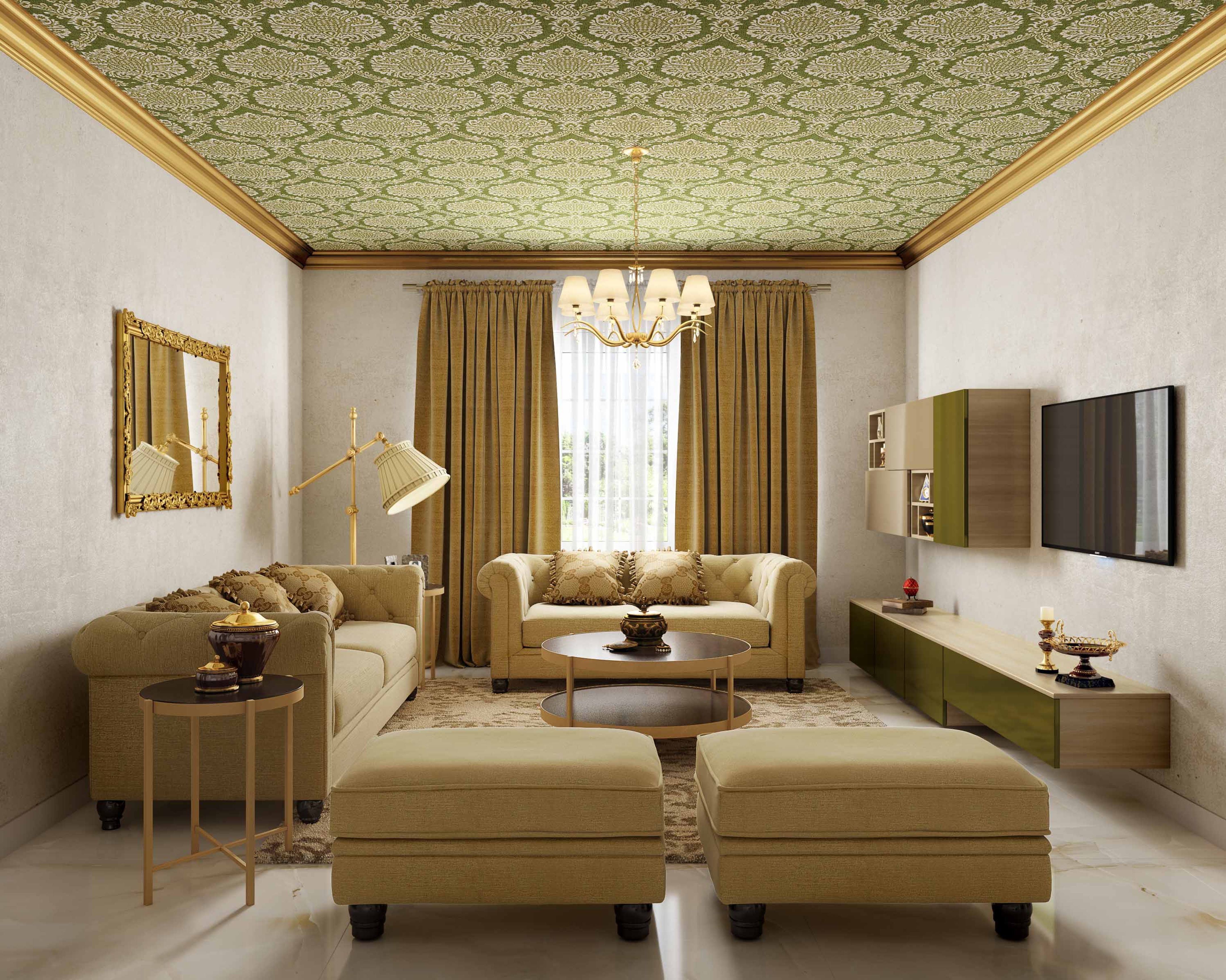 Dark Green Vintage Wallpaper Ceiling Design For Living Rooms | Livspace