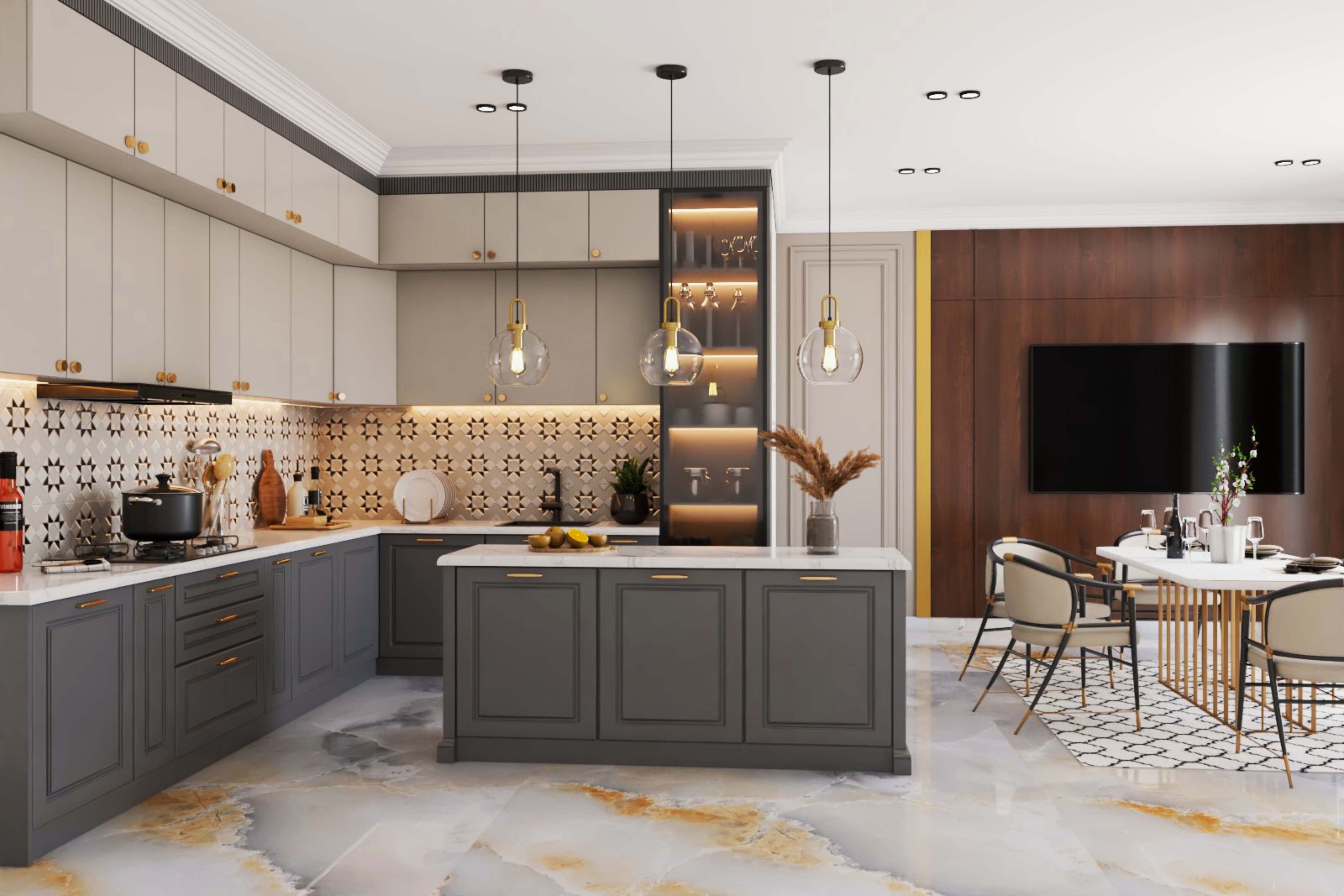 Grey And Cream-Toned Regalia Kitchen Deisgn With Geometric Backsplash And Marble Flooring | Livspace