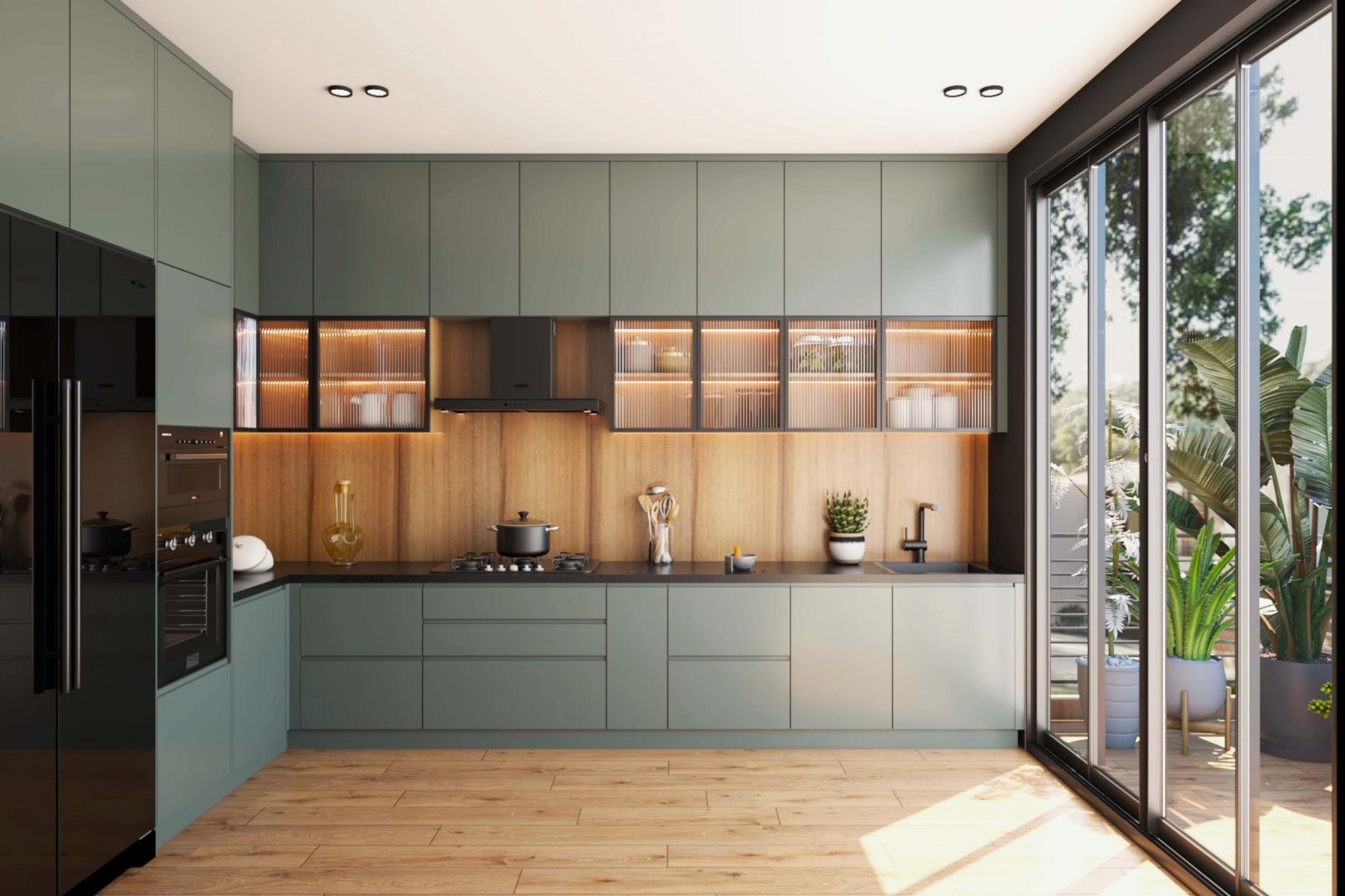 Spacious Regalia L-Shape Kitchen Design With Frosted Glass Shutters ...