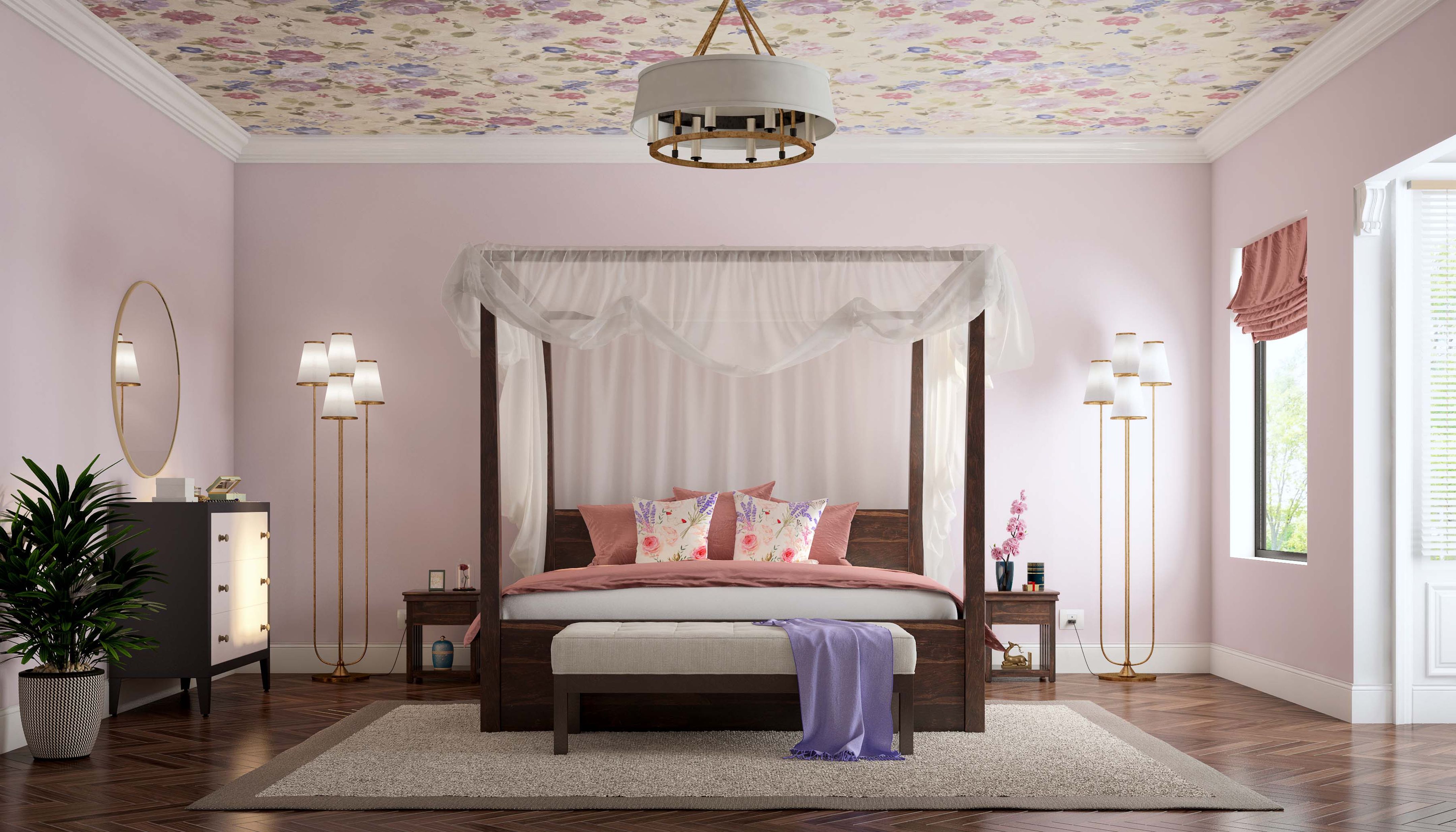 Spacious Light Pink Master Bedroom Design With 4-Poster Wooden Bed ...