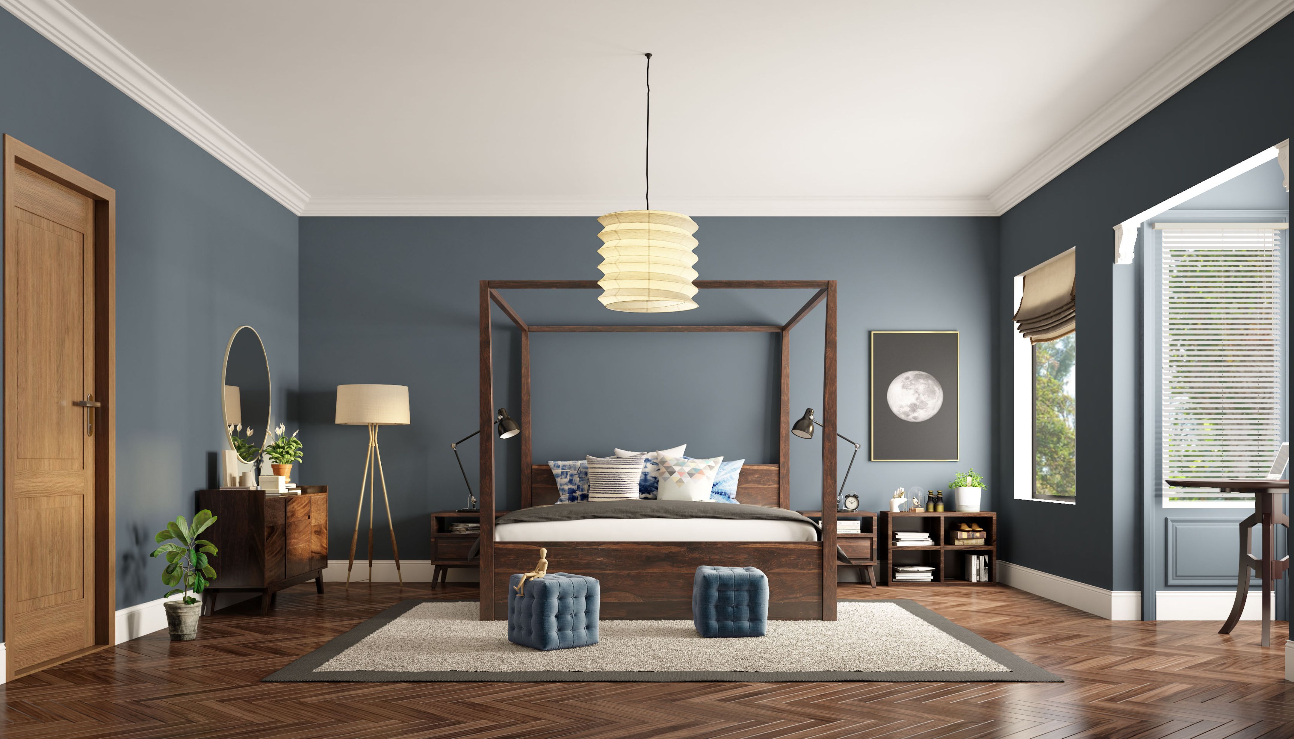 Spacious Modern Retreat: Master Bedroom Design With King Canopy Bed & Storage | Livspace