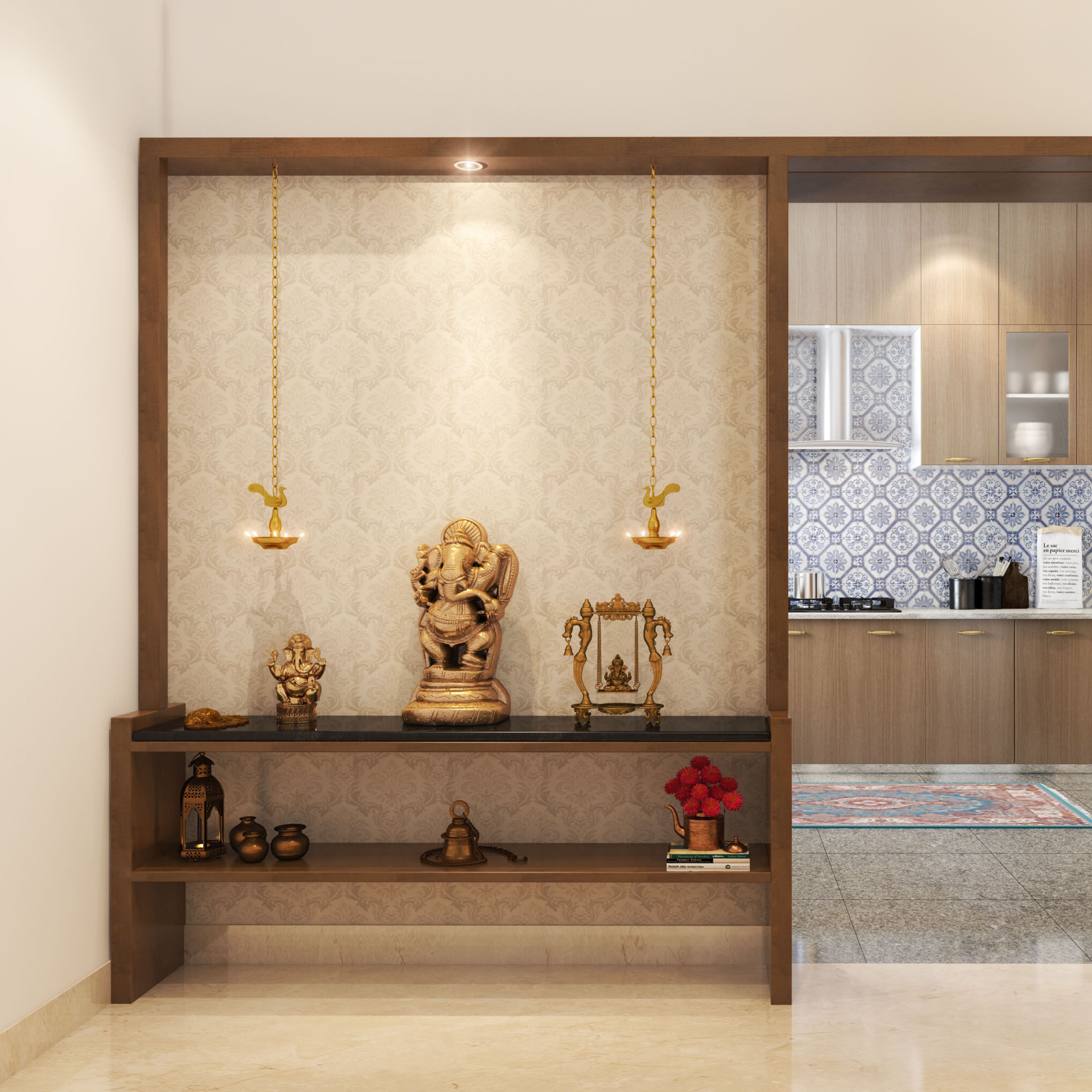 Spacious Mandir Design With Wooden Shelves And Damask Wallpaper | Livspace