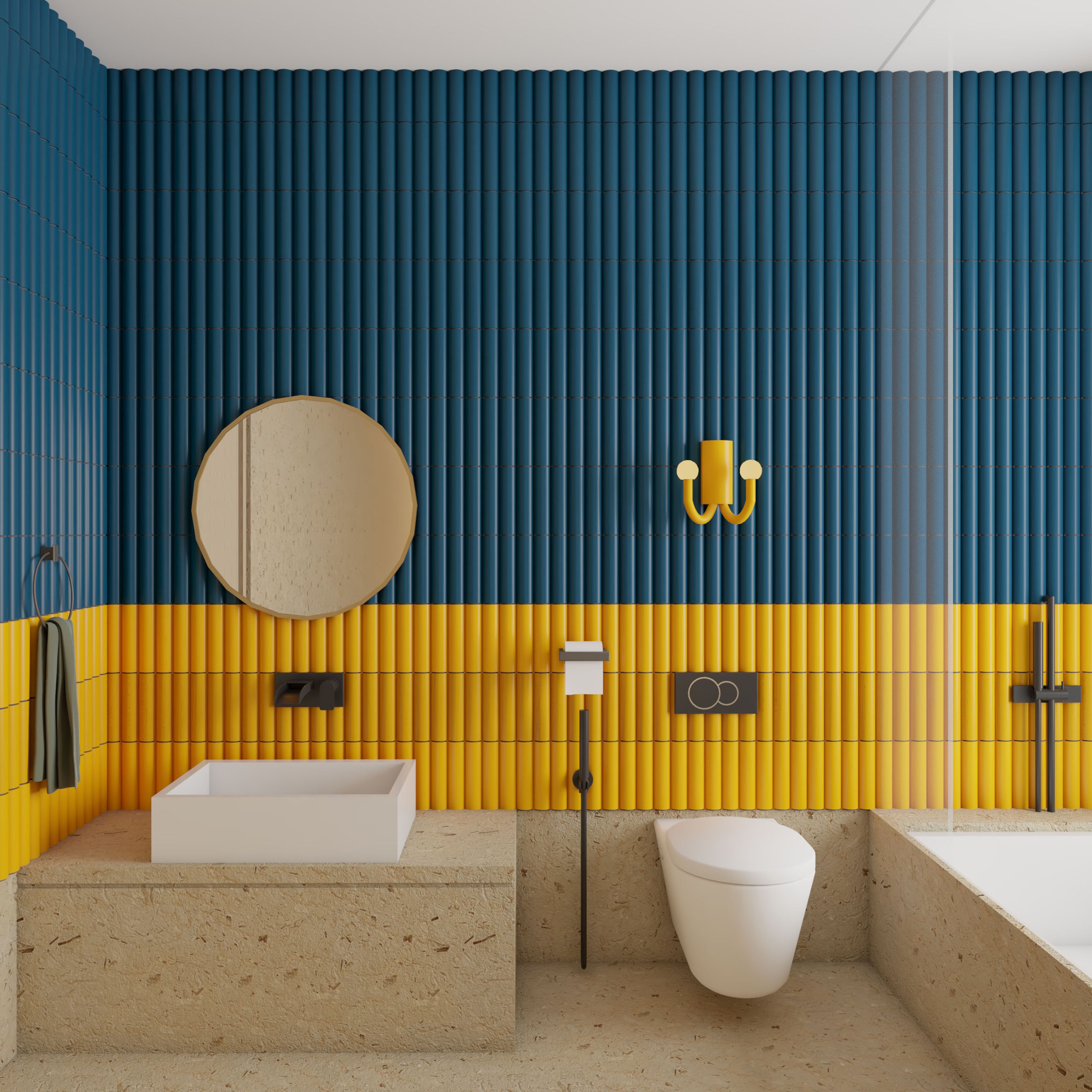 Semi-Glossy Yellow And Blue Cylindrical Kit-Kat Bathroom Tiles | Livspace