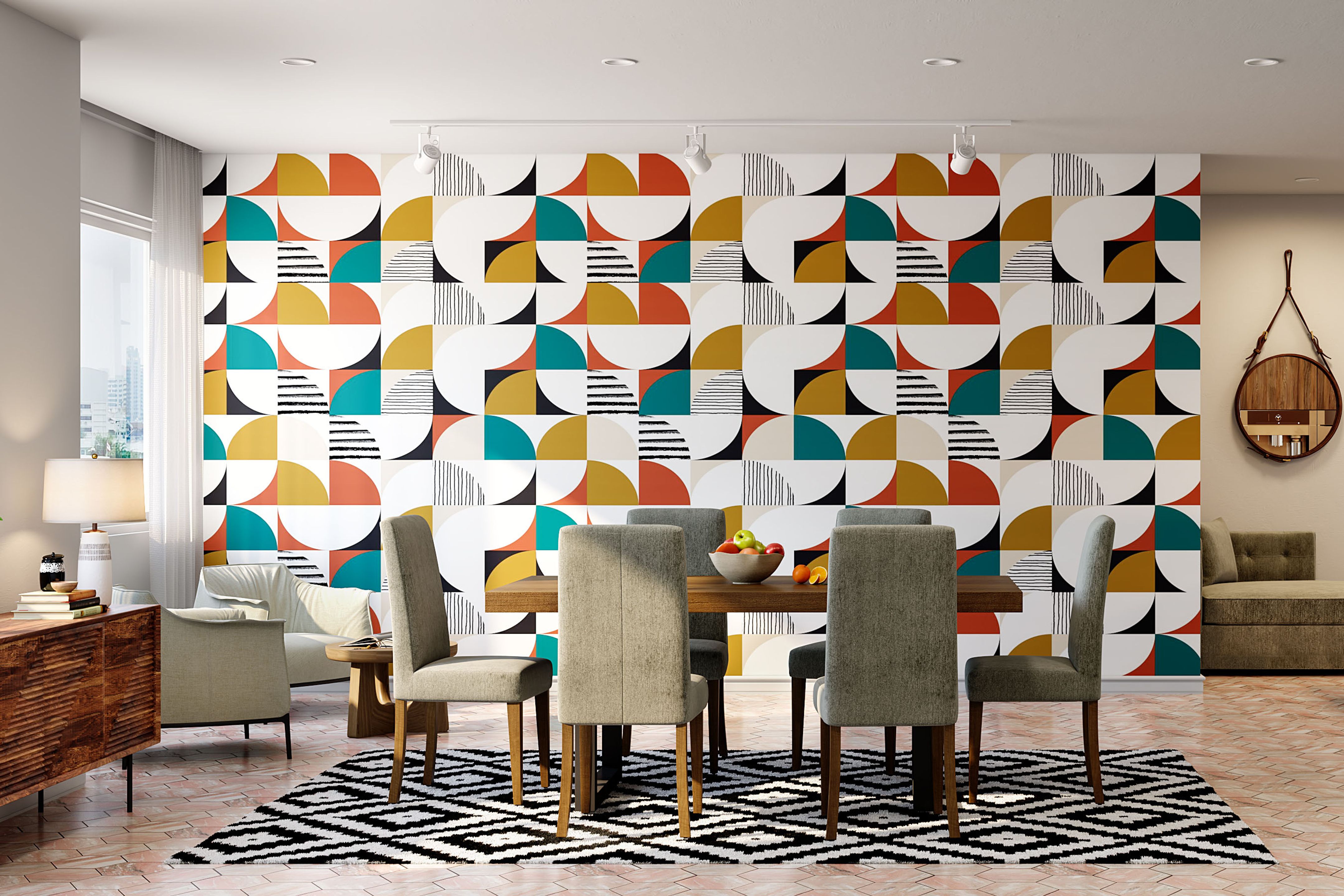 Colourful Contemporary Wall Design With Abstract Wallpaper | Livspace