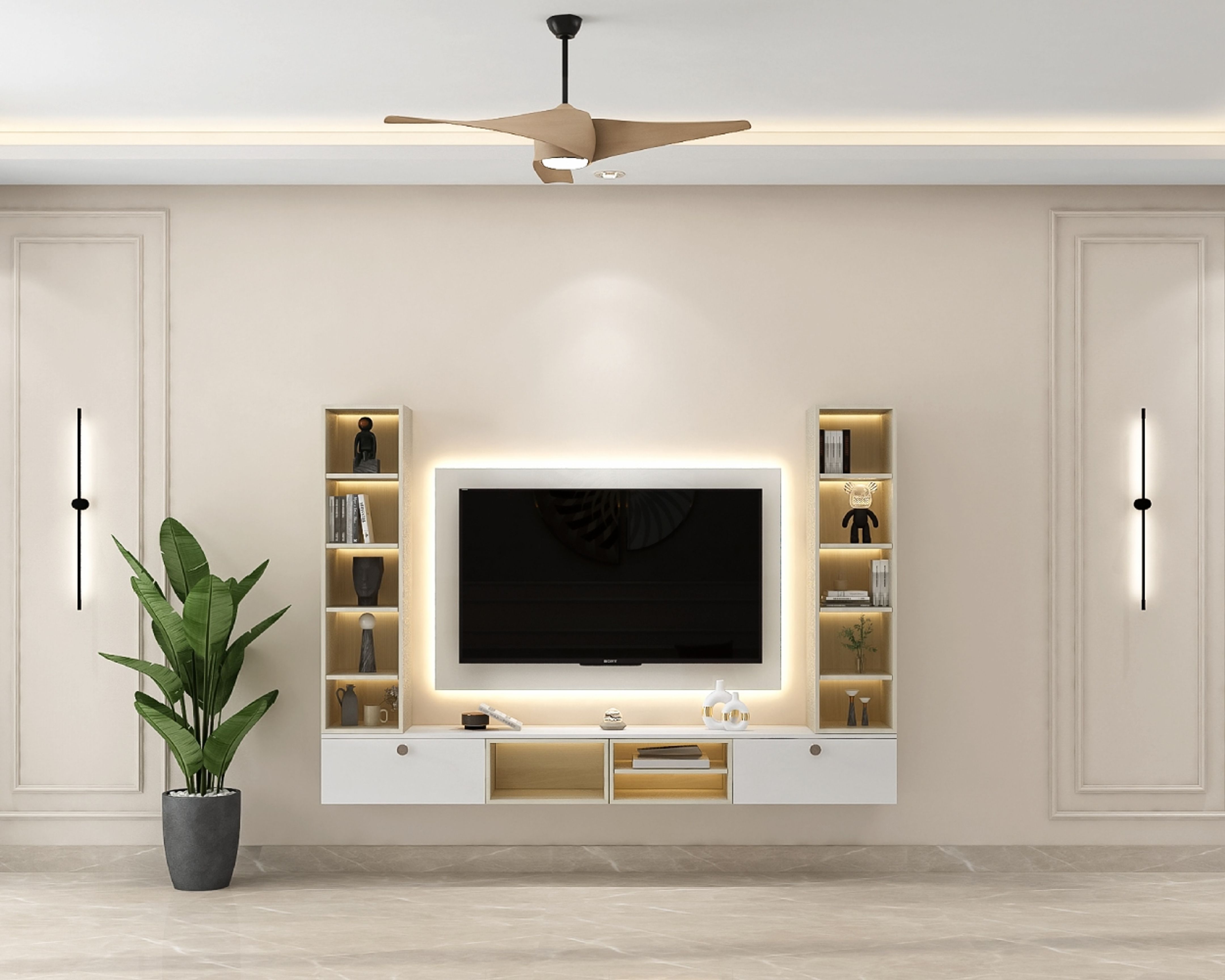 White Wall-Mounted TV Unit Design With Console And Open Shelves | Livspace