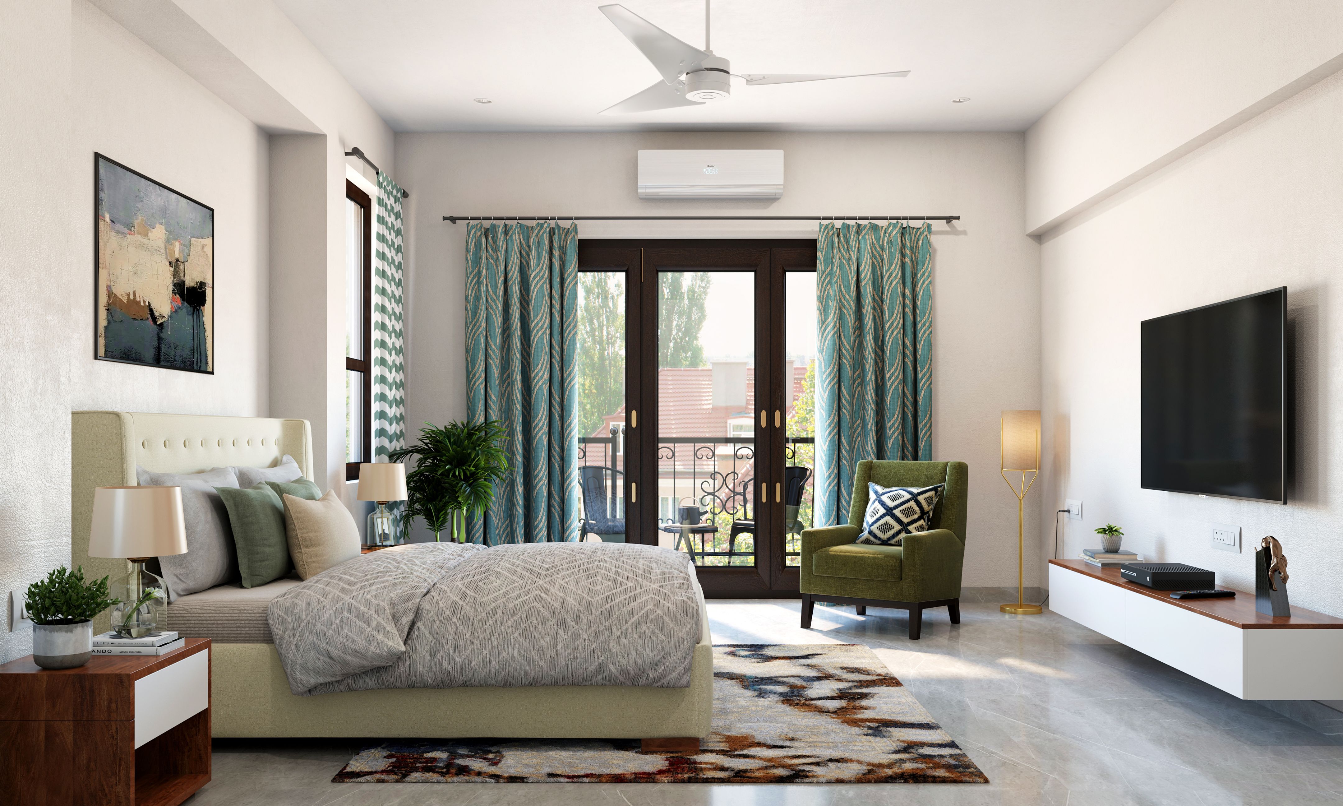 Spacious Ivory Master Bedroom Design With TV Unit | Livspace