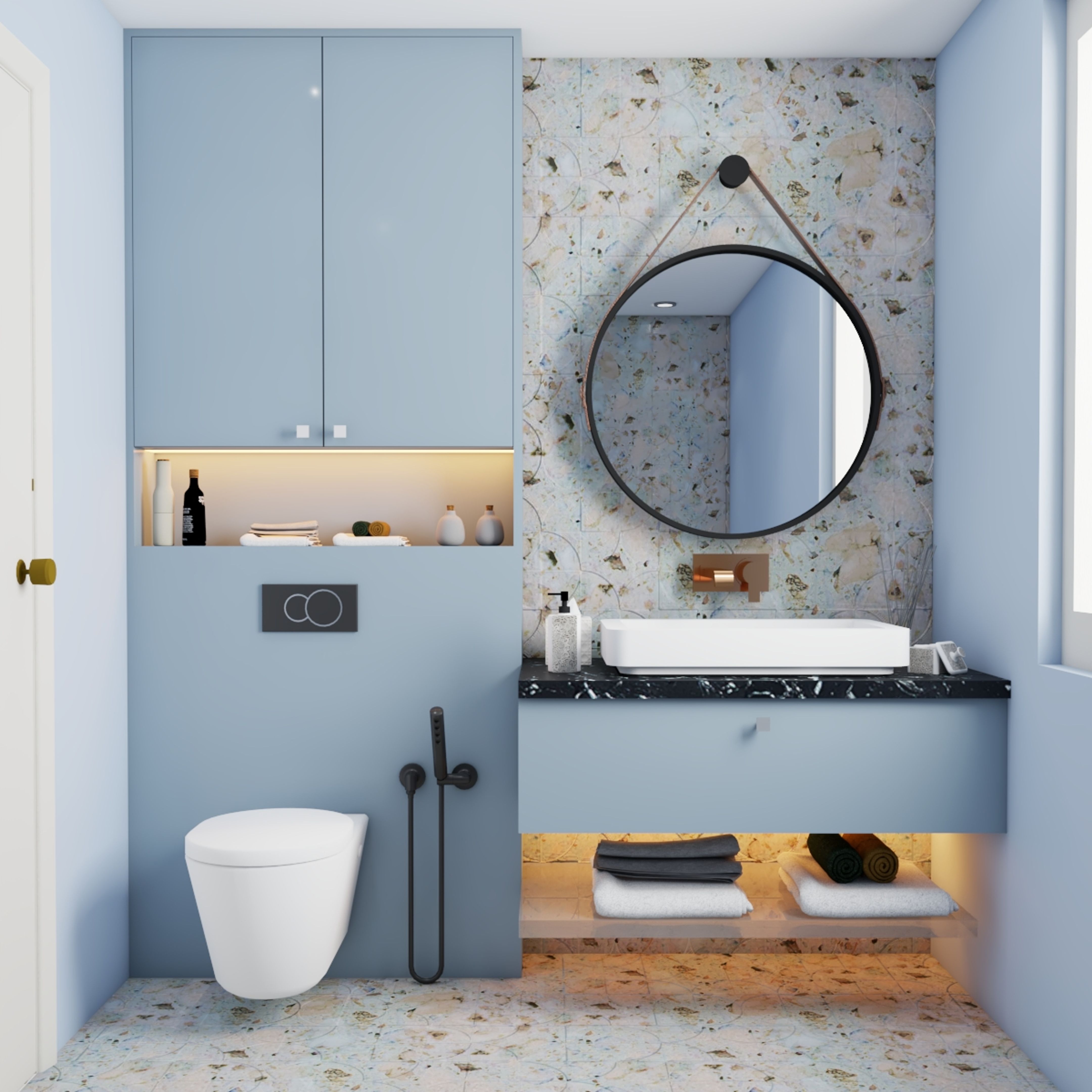 Mild Serene Blue-Toned Bathroom Design With Floral Tiles | Livspace