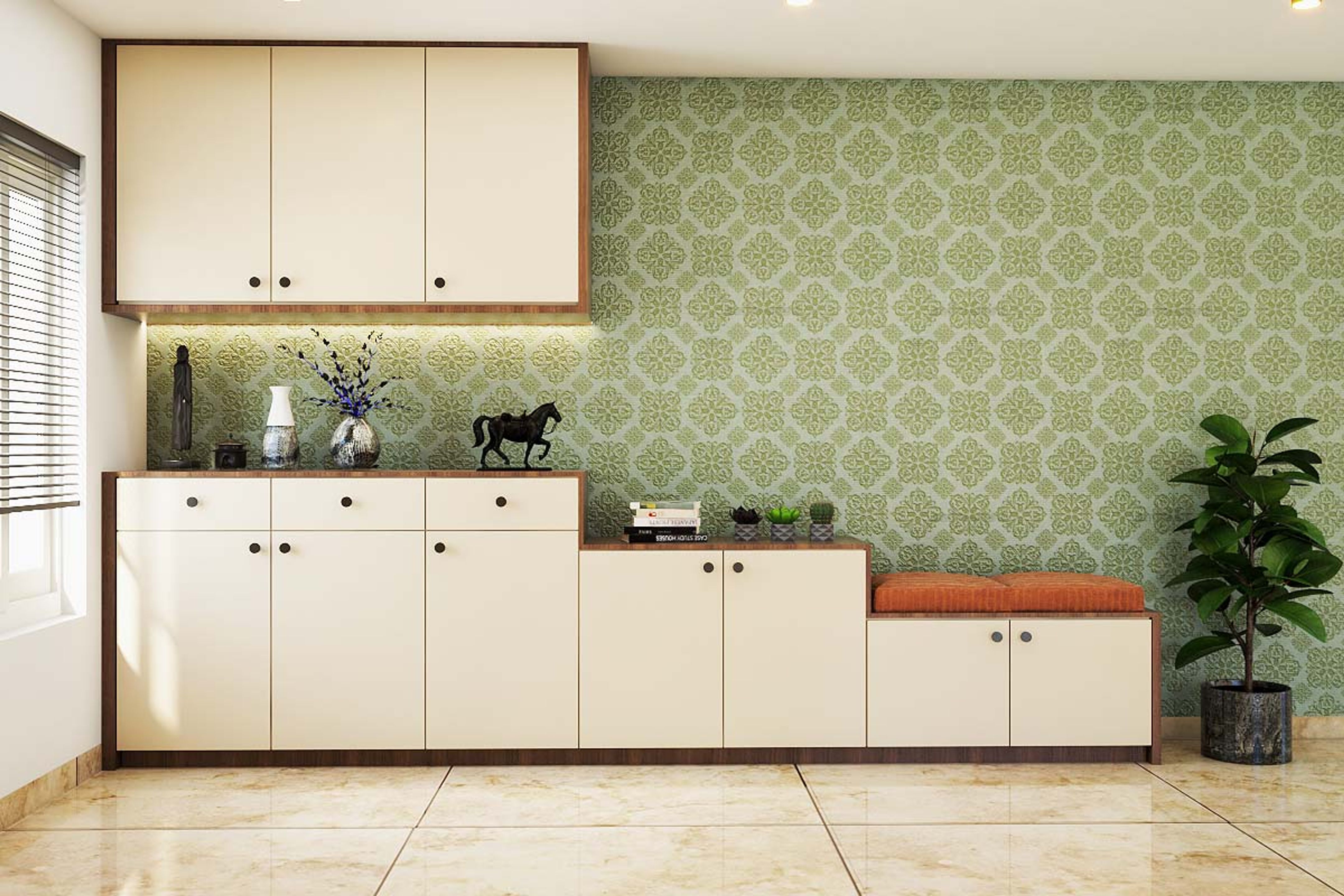 Spacious Foyer Design With Three Step Storage Unit | Livspace