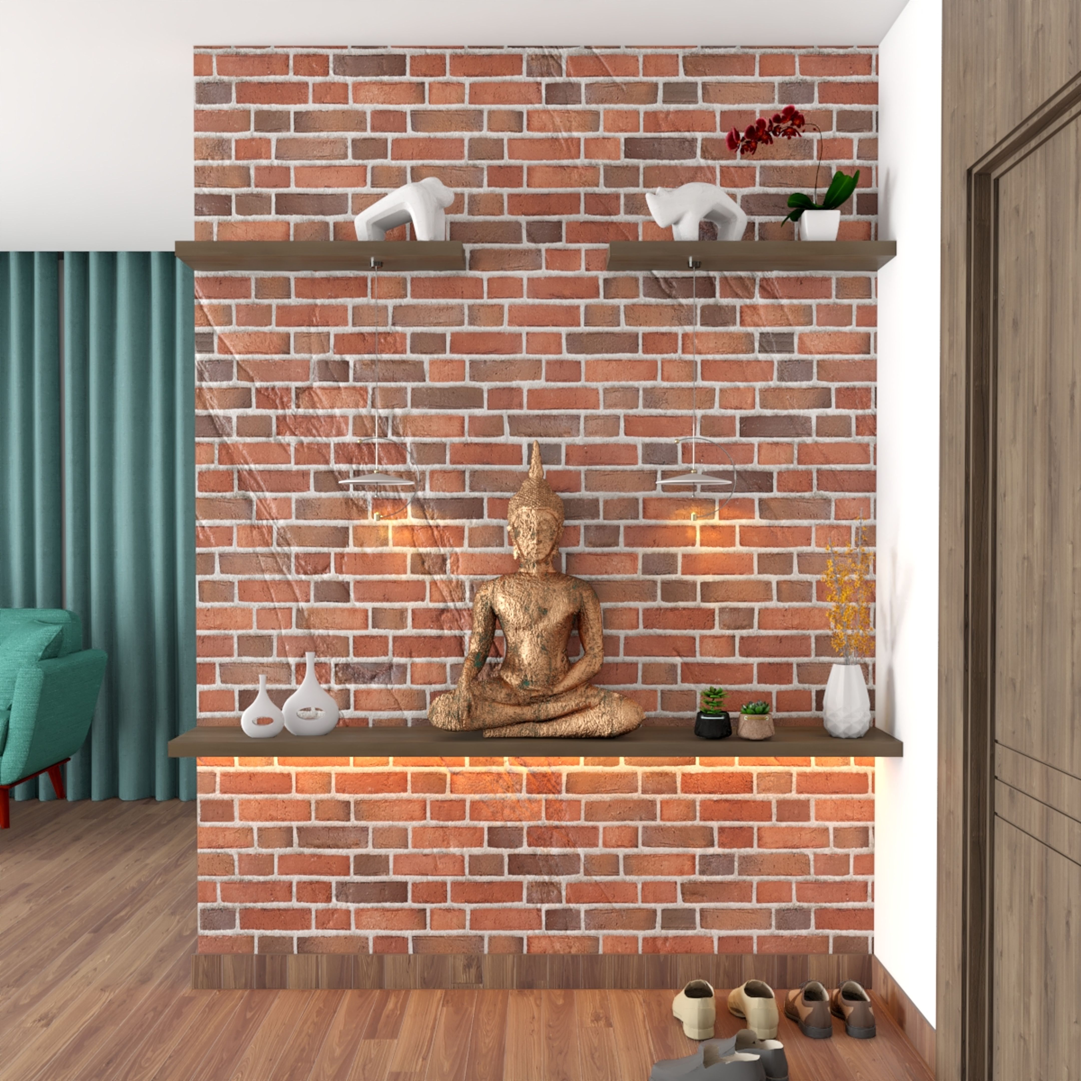 Modern Brick Themed Foyer Design With Shelf | Livspace