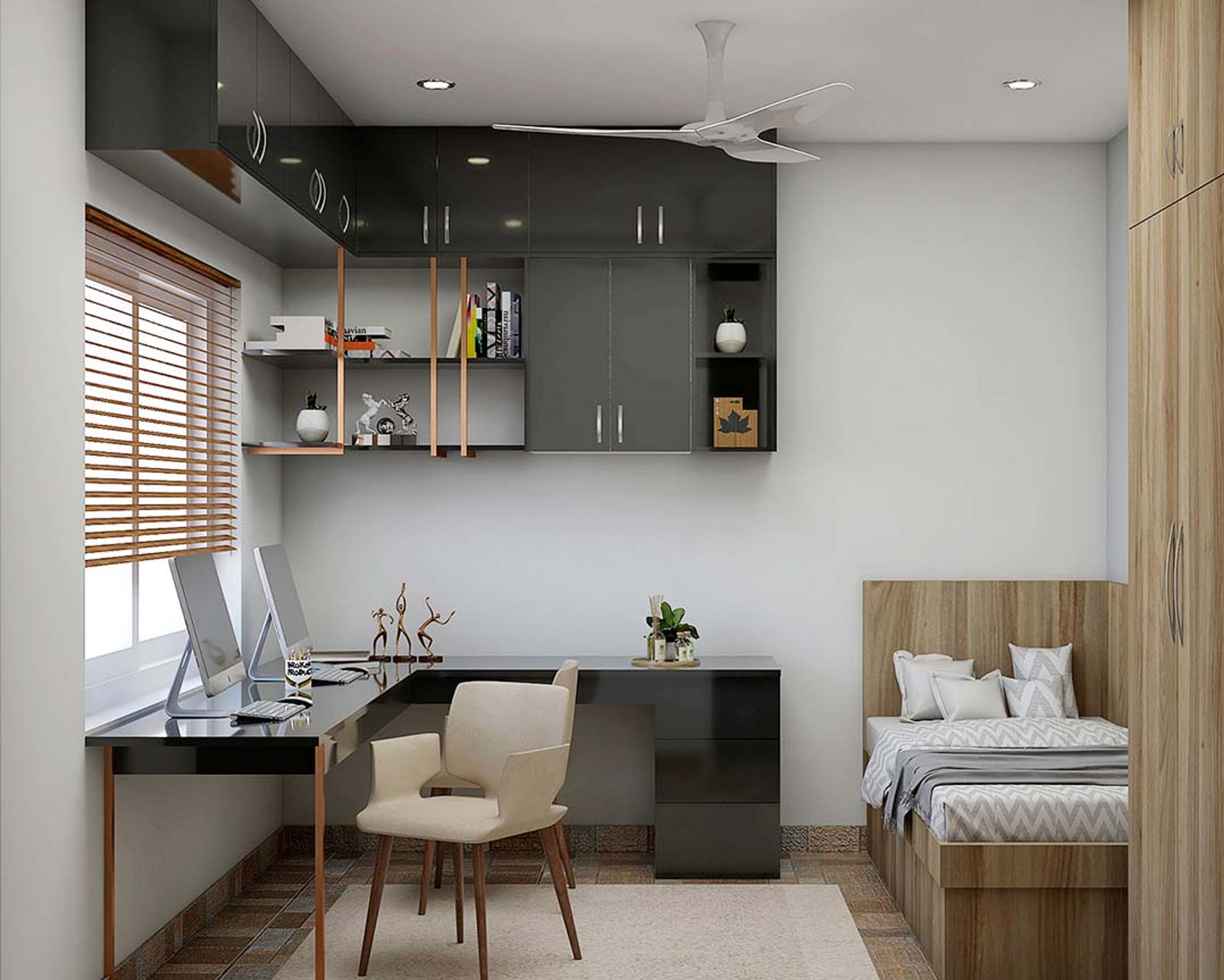 Spacious L-Shaped Home Office Design With Storage Cabinets | Livspace