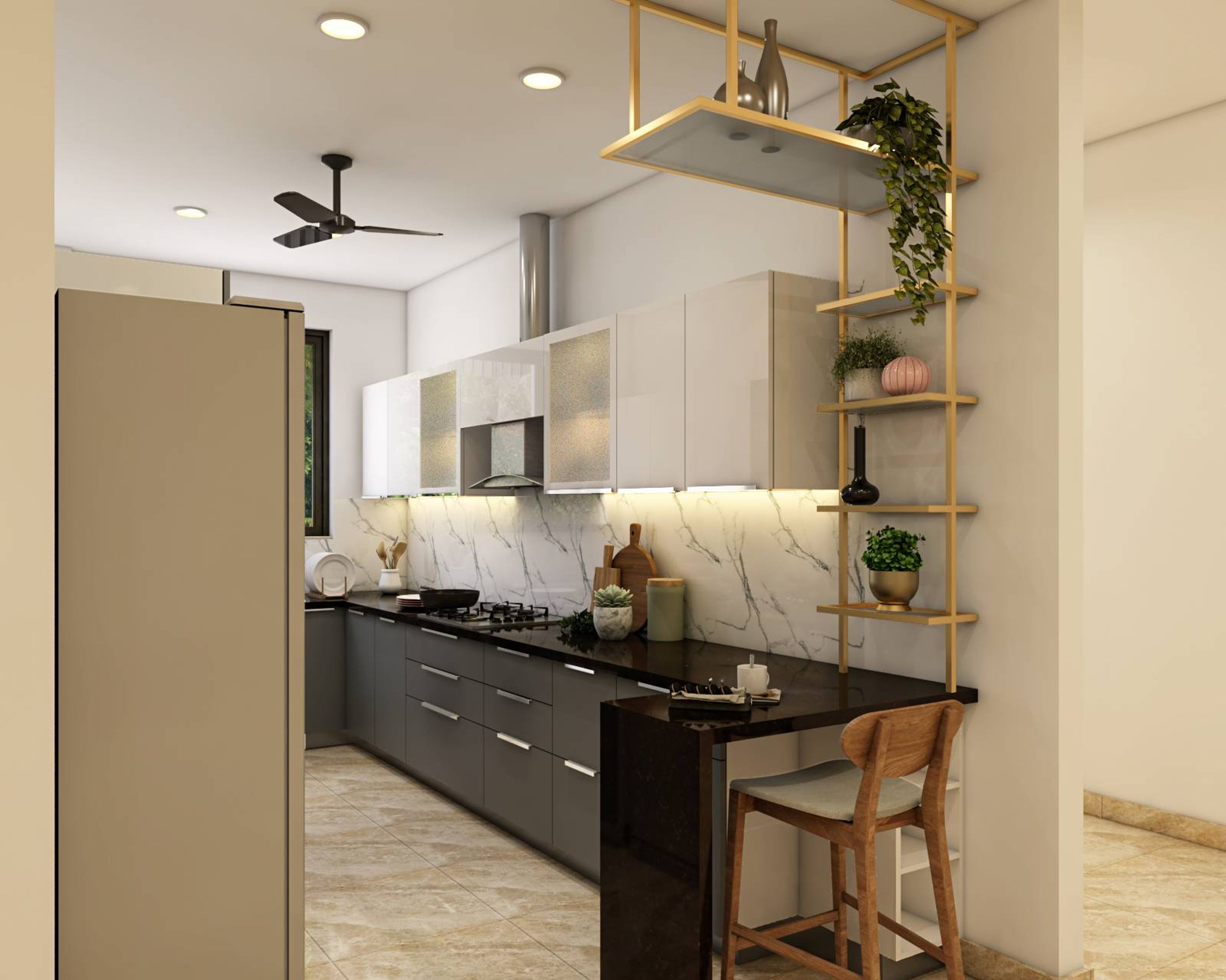 Spacious Grey-Themed Kitchen Design With Golden Ledges And Breakfast ...