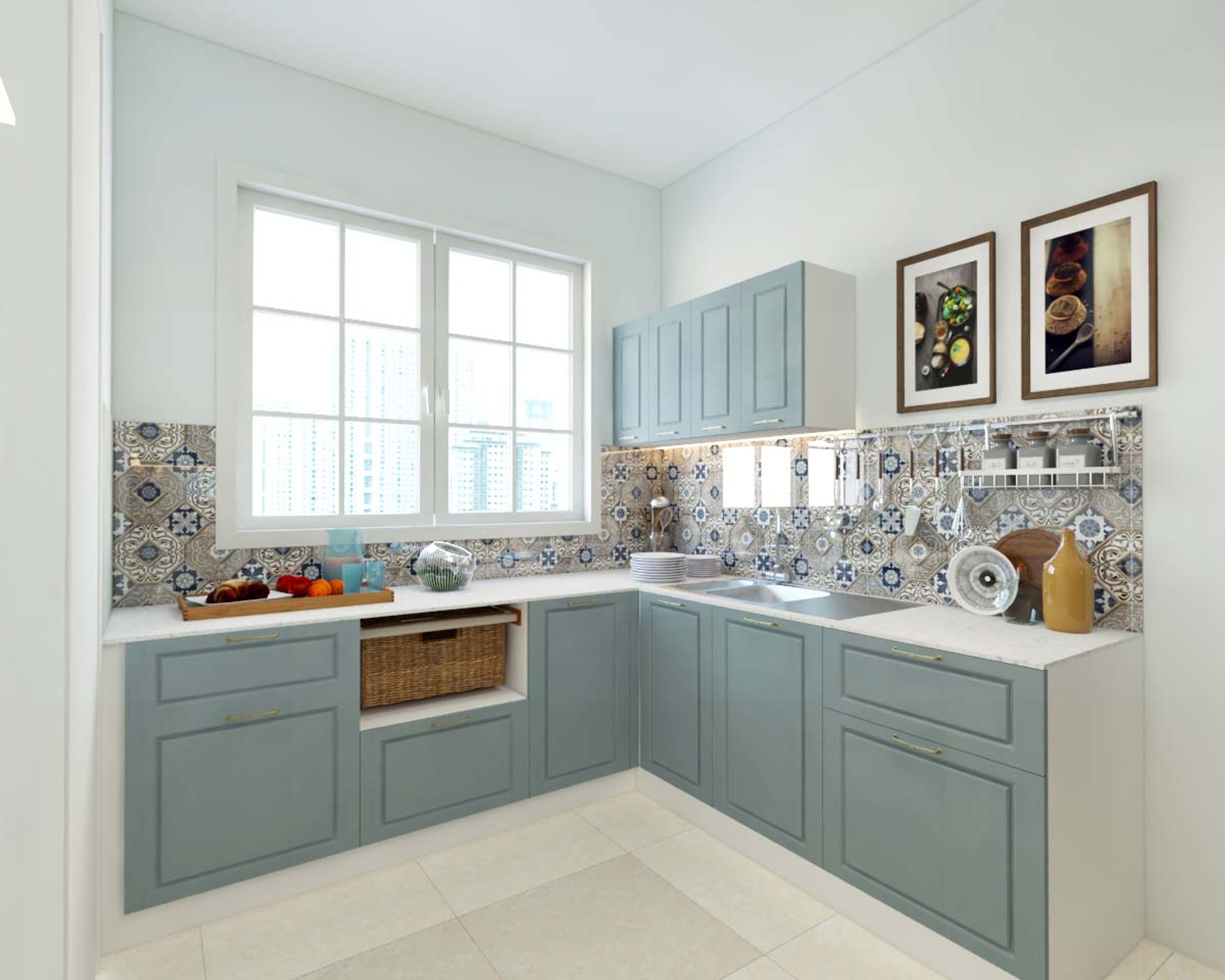 Light Blue Kitchen Design With Brass Handles | Livspace