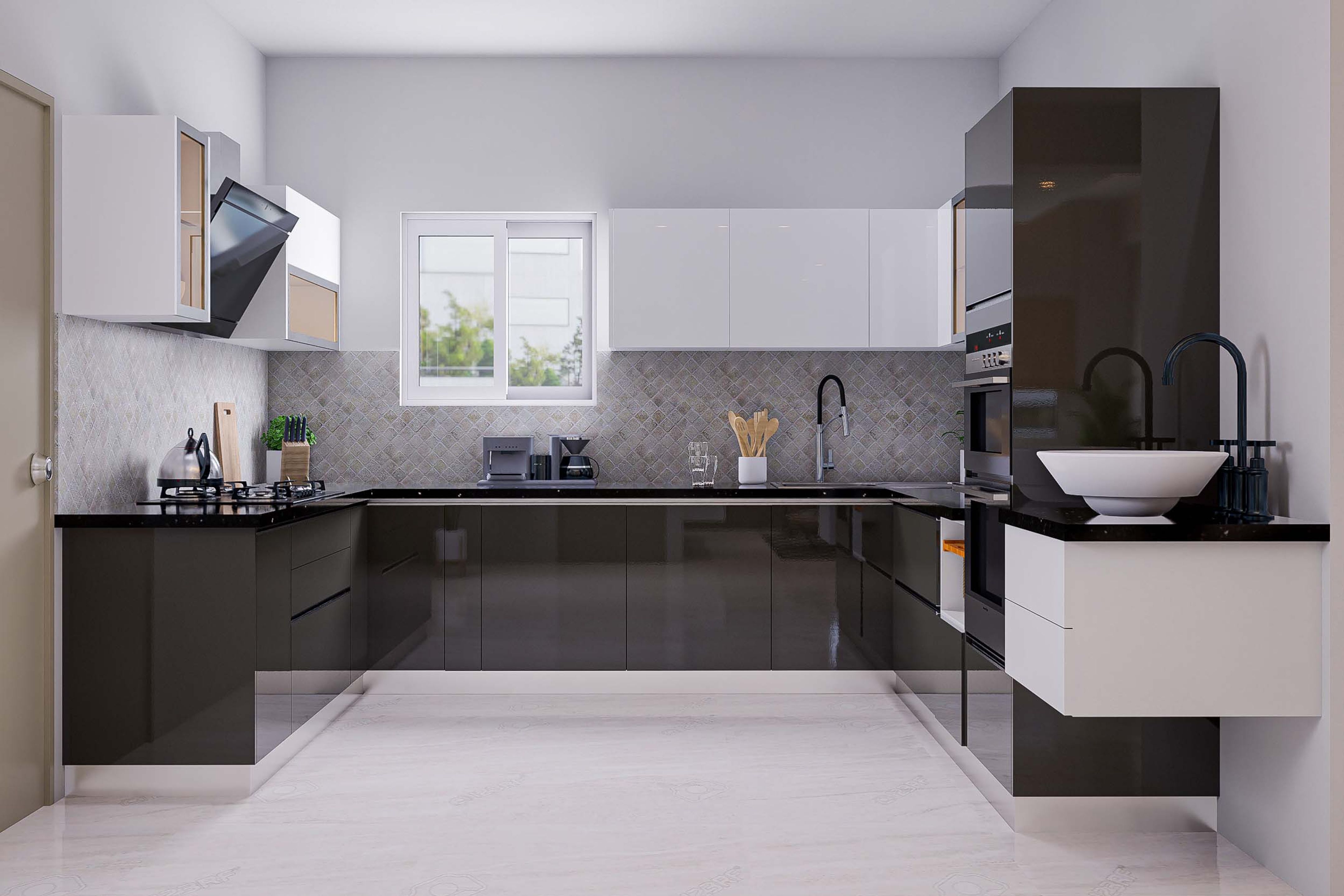 U-Shaped Modern Kitchen Design With Black Faucets | Livspace