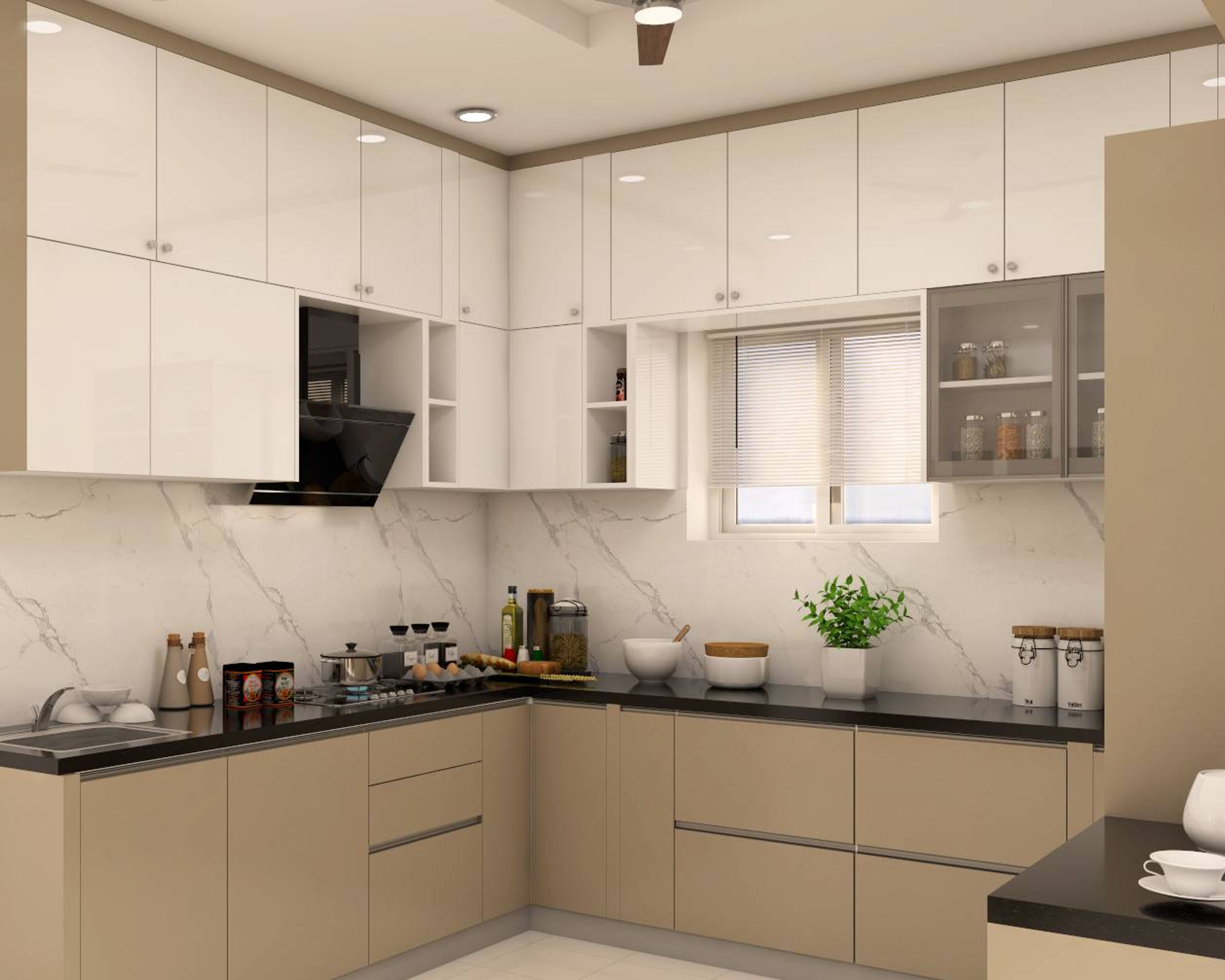 Modern L-Shaped Modular Kitchen Design With Beige Interiors | Livspace