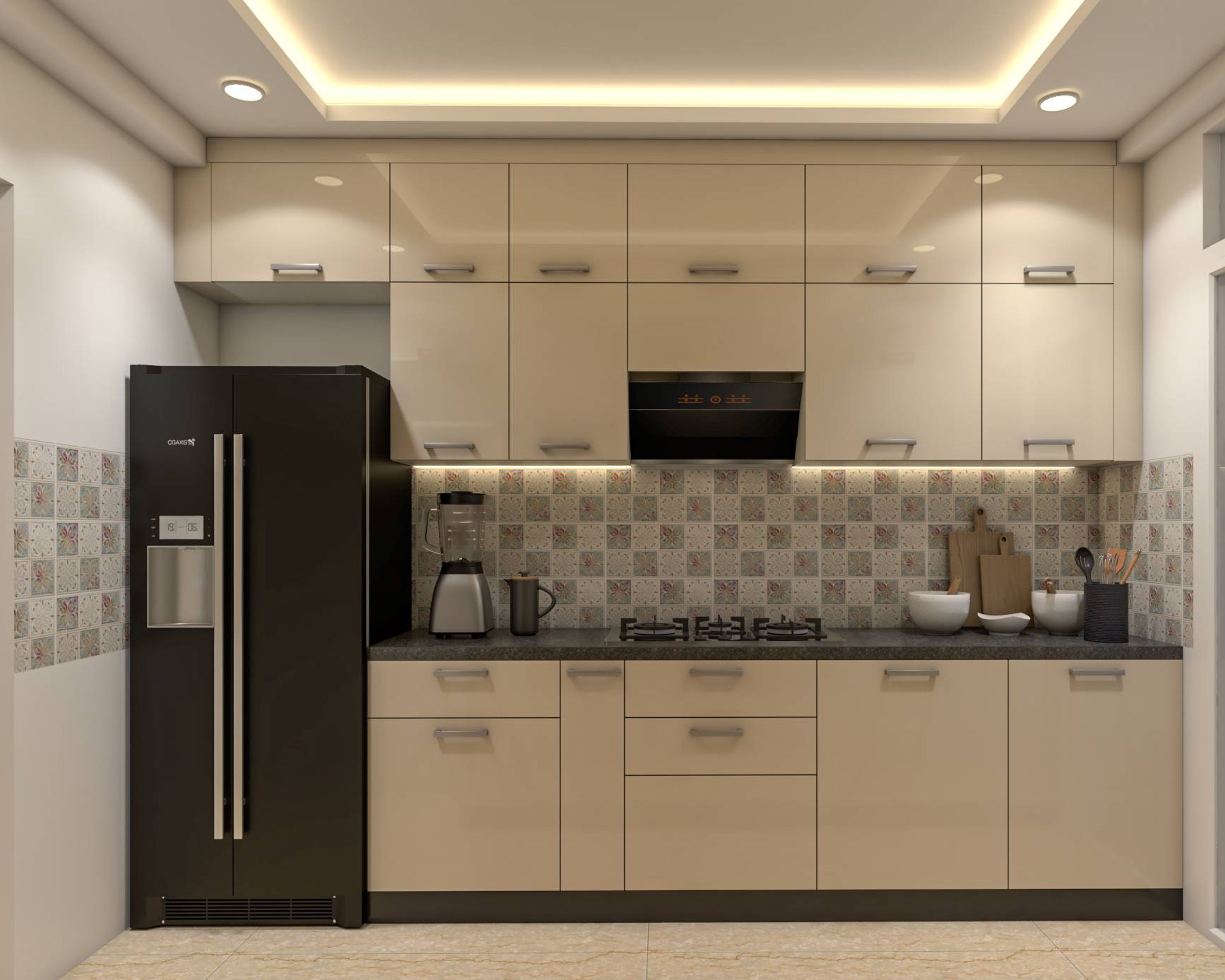 Spacious Parallel Kitchen Design Idea With Dado Tiles | Livspace