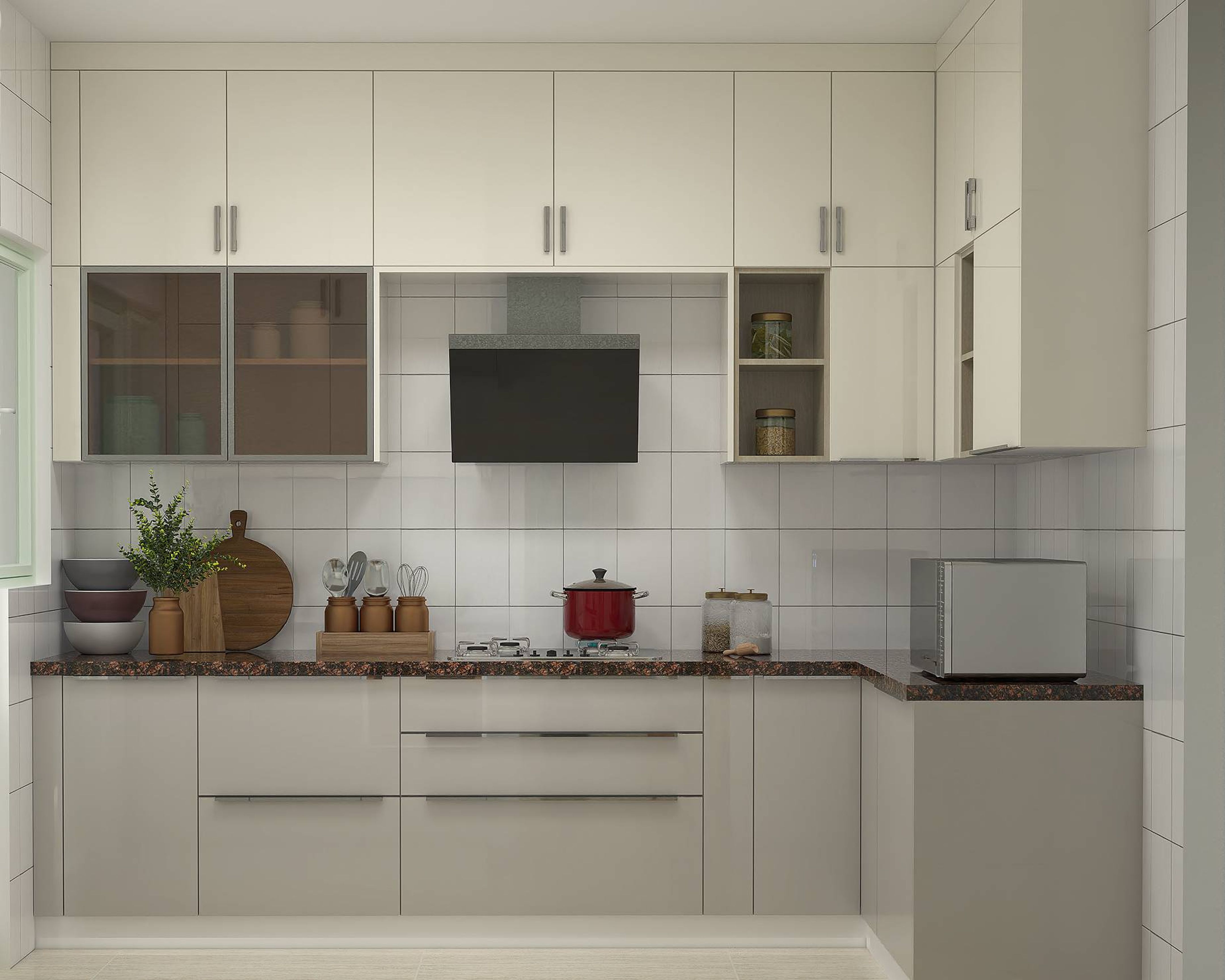 Contemporary White And Grey Themed L-Shaped Kitchen Design | Livspace
