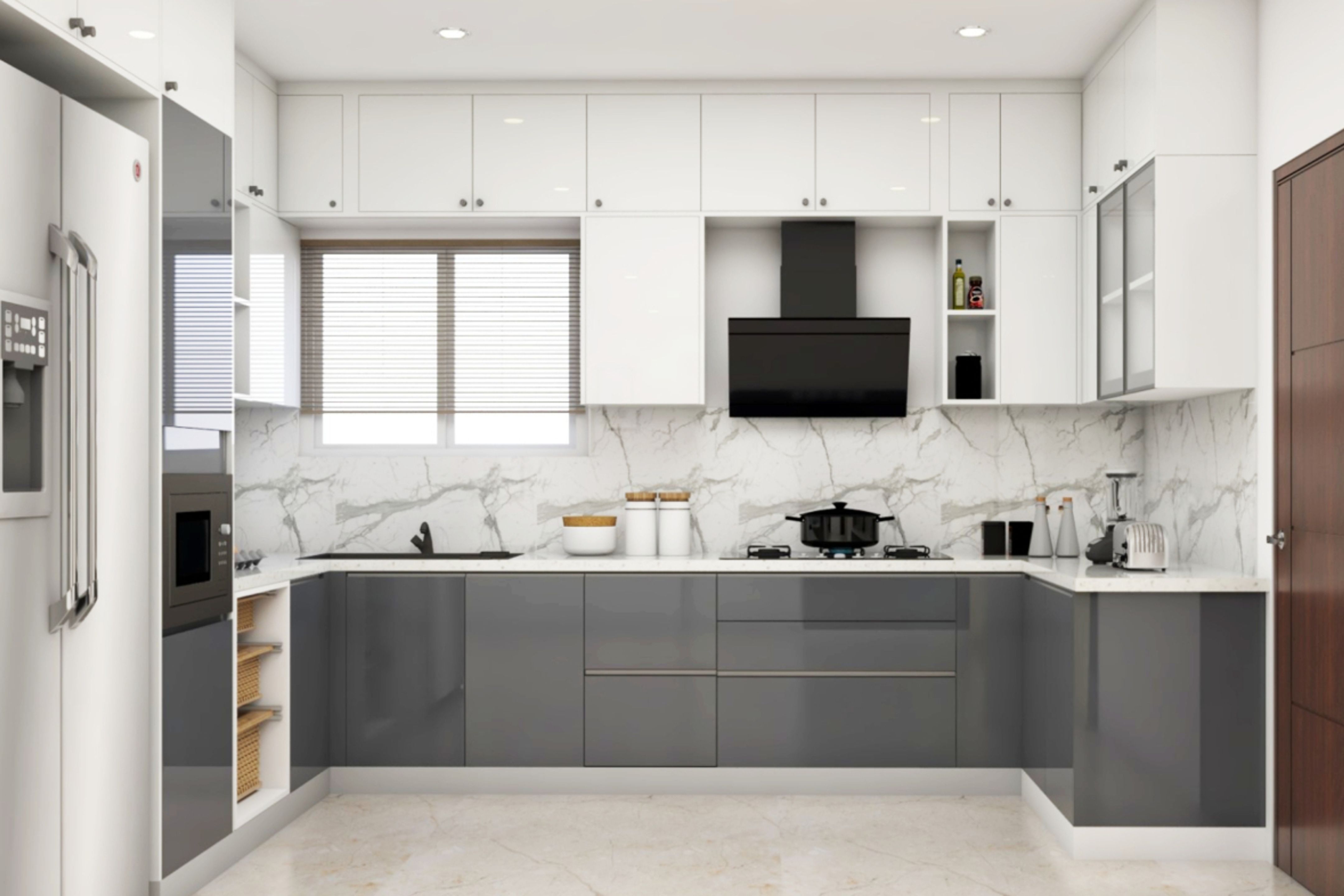 Modern U-Shaped Kitchen Design With Wicker Basket | Livspace