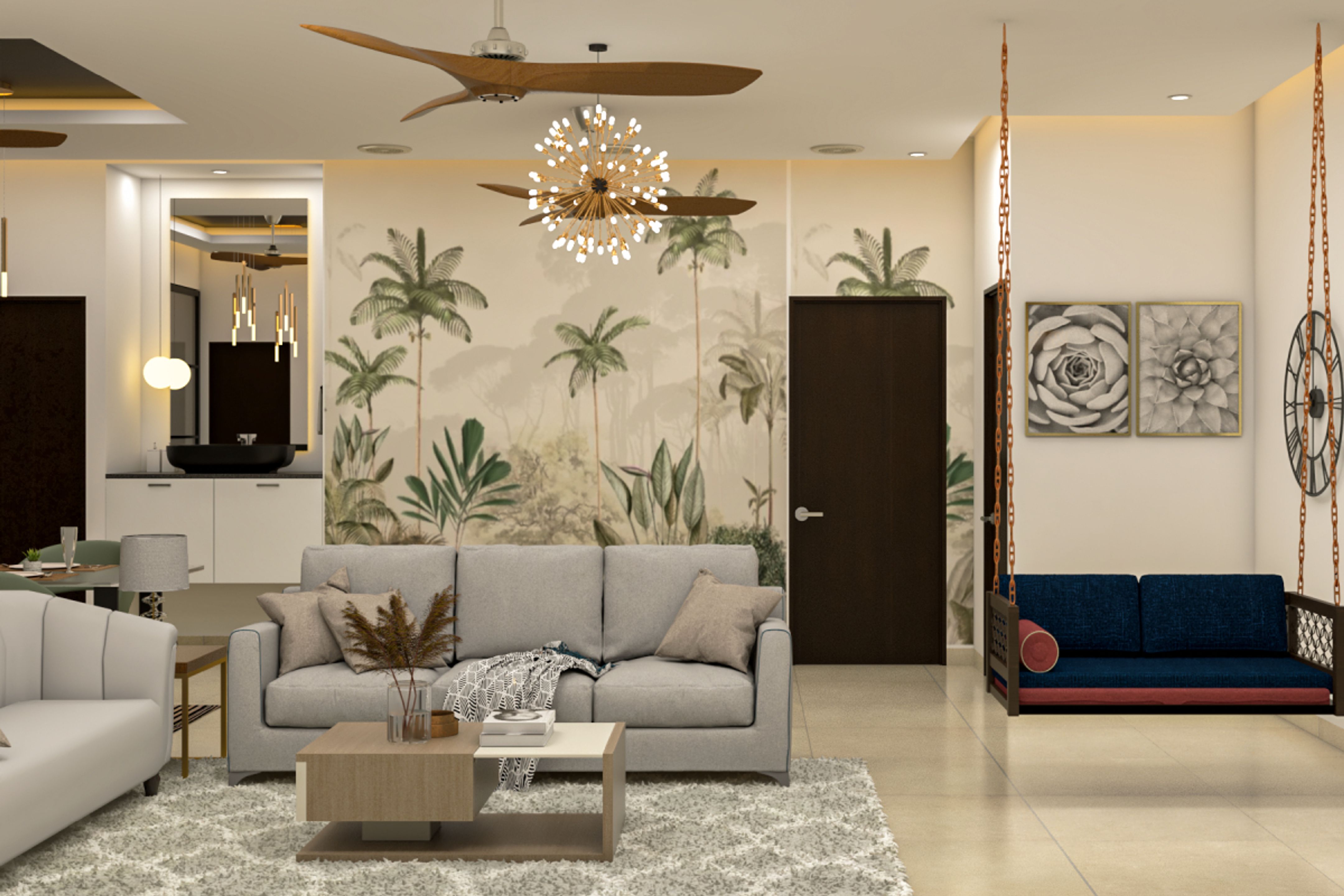 Spacious Earthy Living Room Design With Wallpaper | Livspace