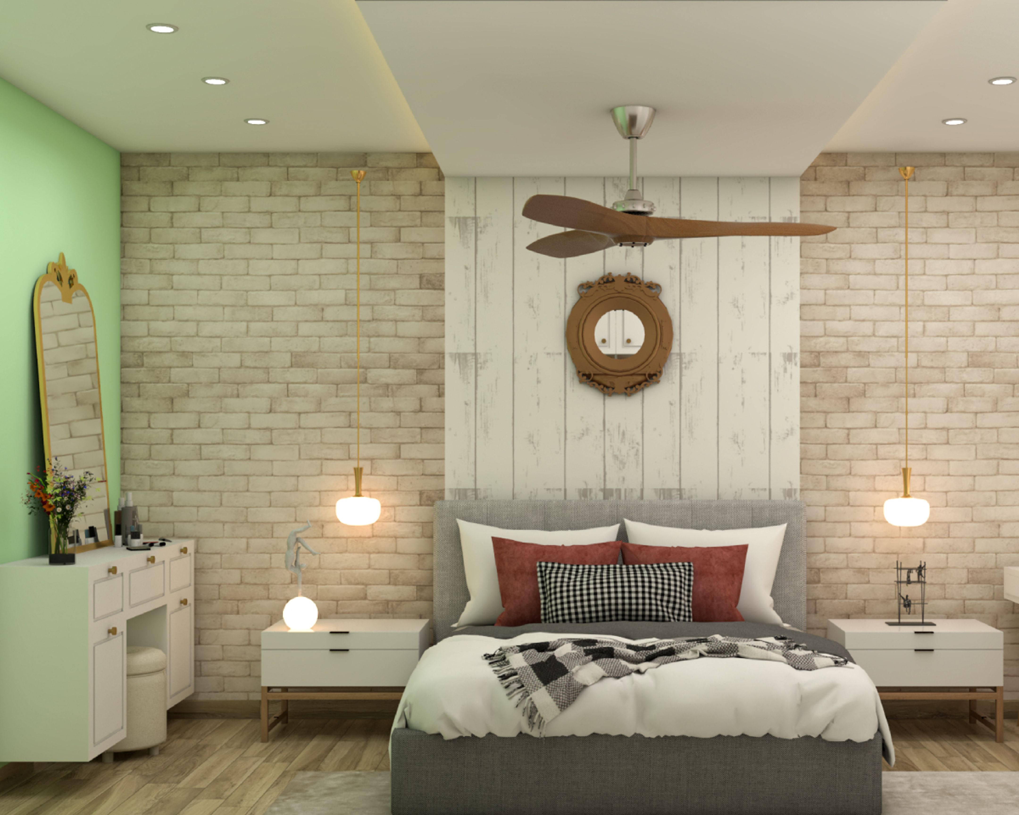 Spacious Master Bedroom Design With Textured Wallpaper | Livspace