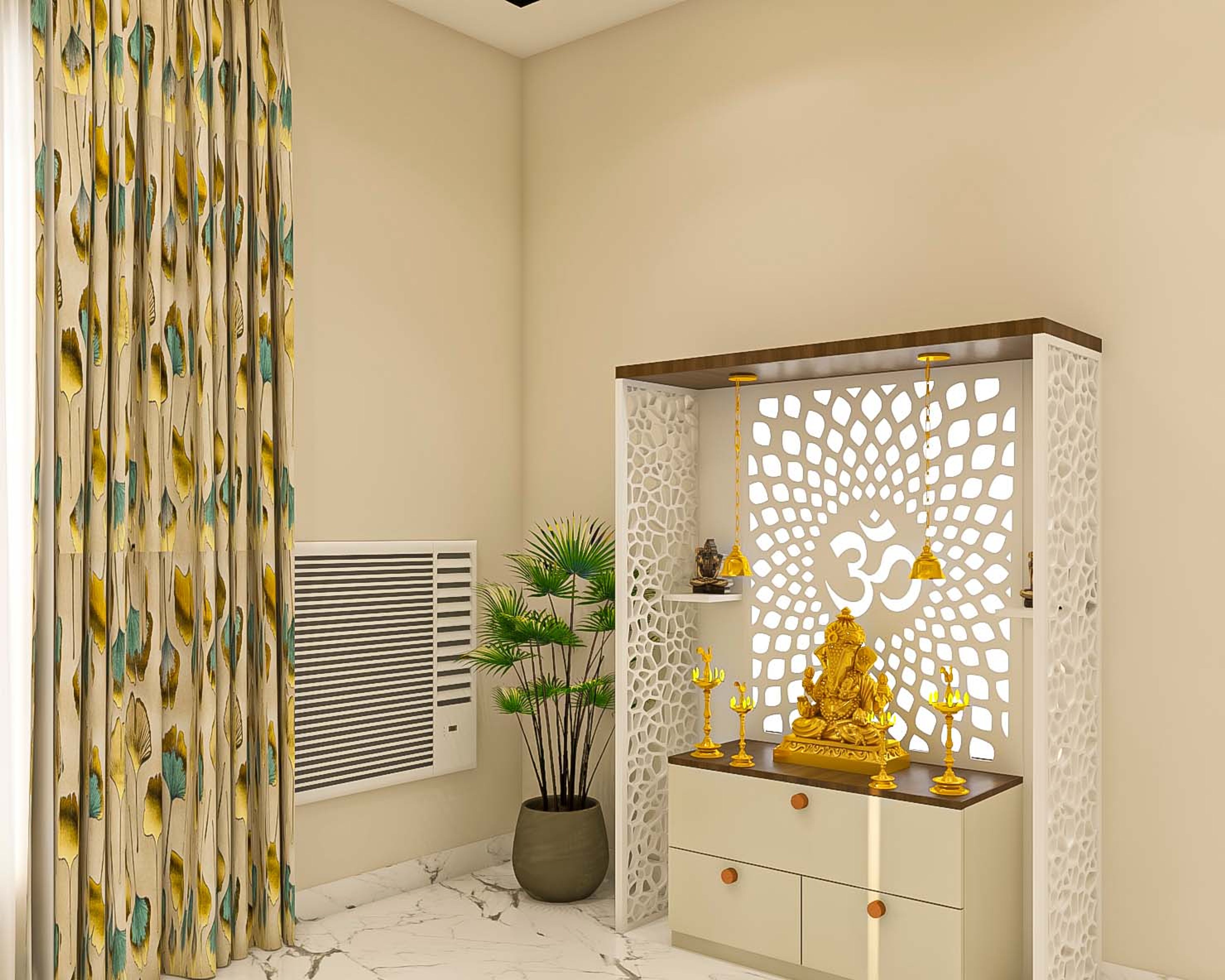 Compact Pooja Room Design With Cutwork Frame | Livspace