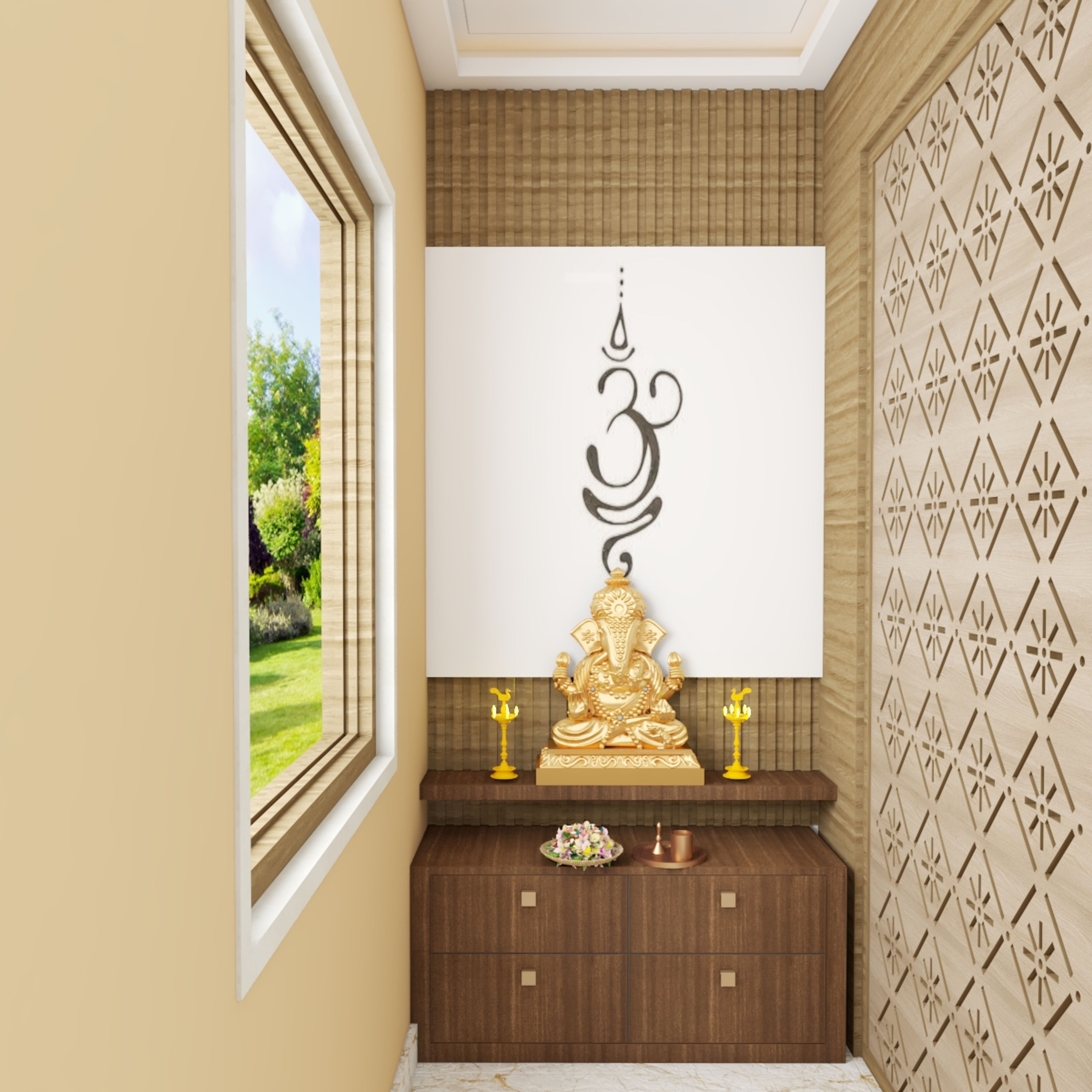 Modern Earthy Toned Pooja Room Design With Elegant Decor | Livspace