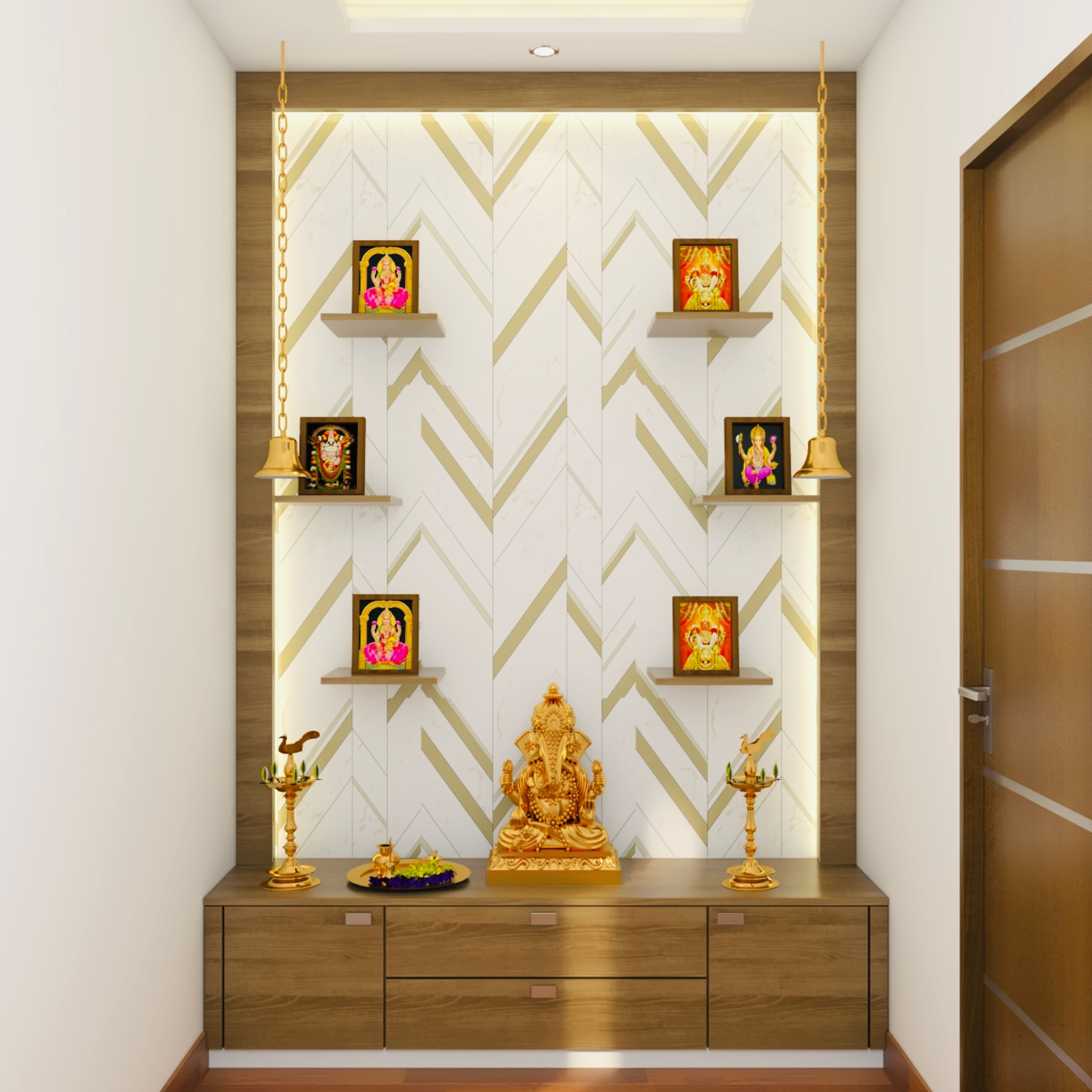 Contemporary Pooja Room Design With Golden Lined Wallpaper | Livspace