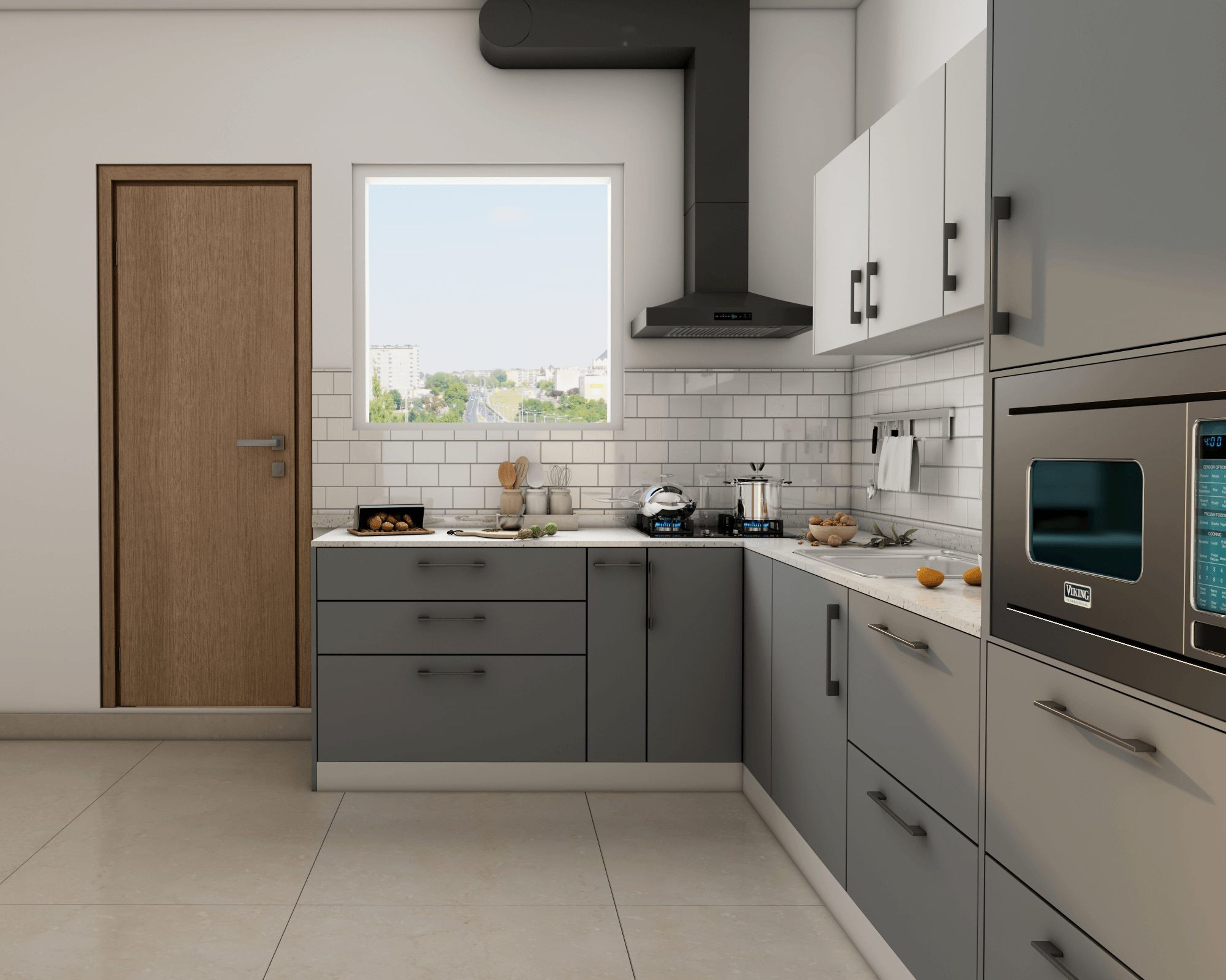 Spacious L-Shaped Grey And White Kitchen Design | Livspace