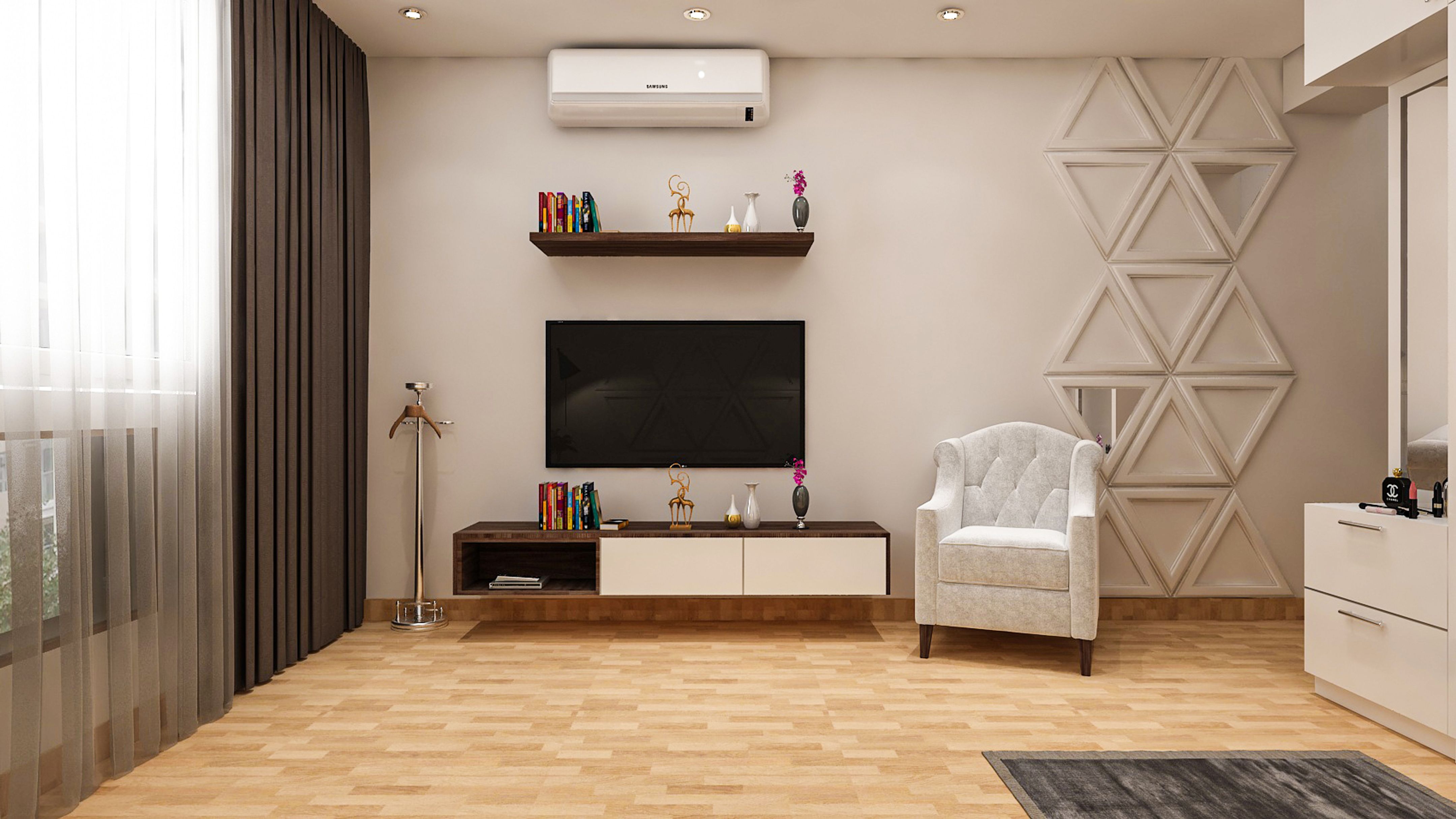 Elegant TV Unit Design with Wall-Mounted Cabinets and Triangular Panels ...