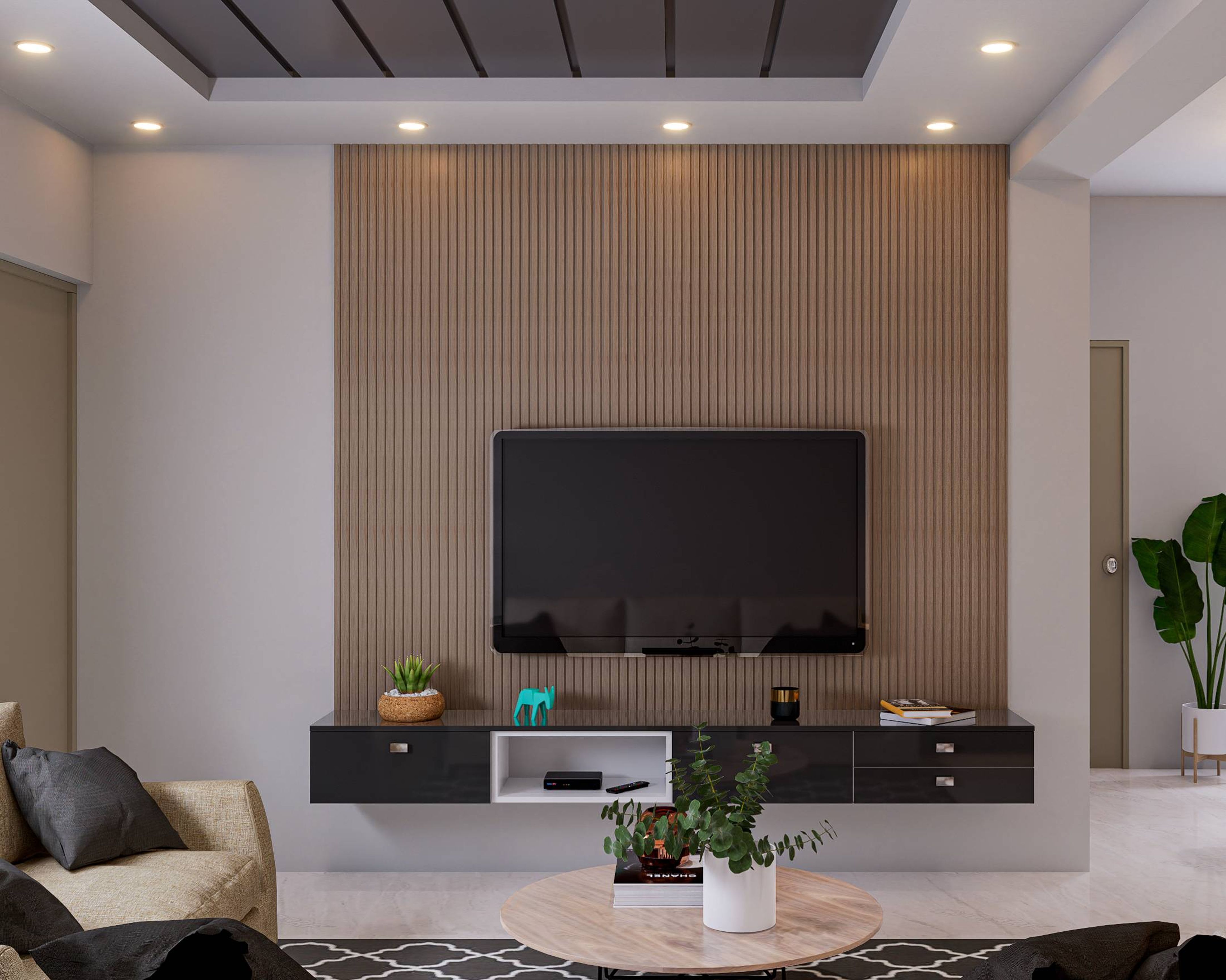 Modern Wooden Panelled TV Unit Design | Livspace