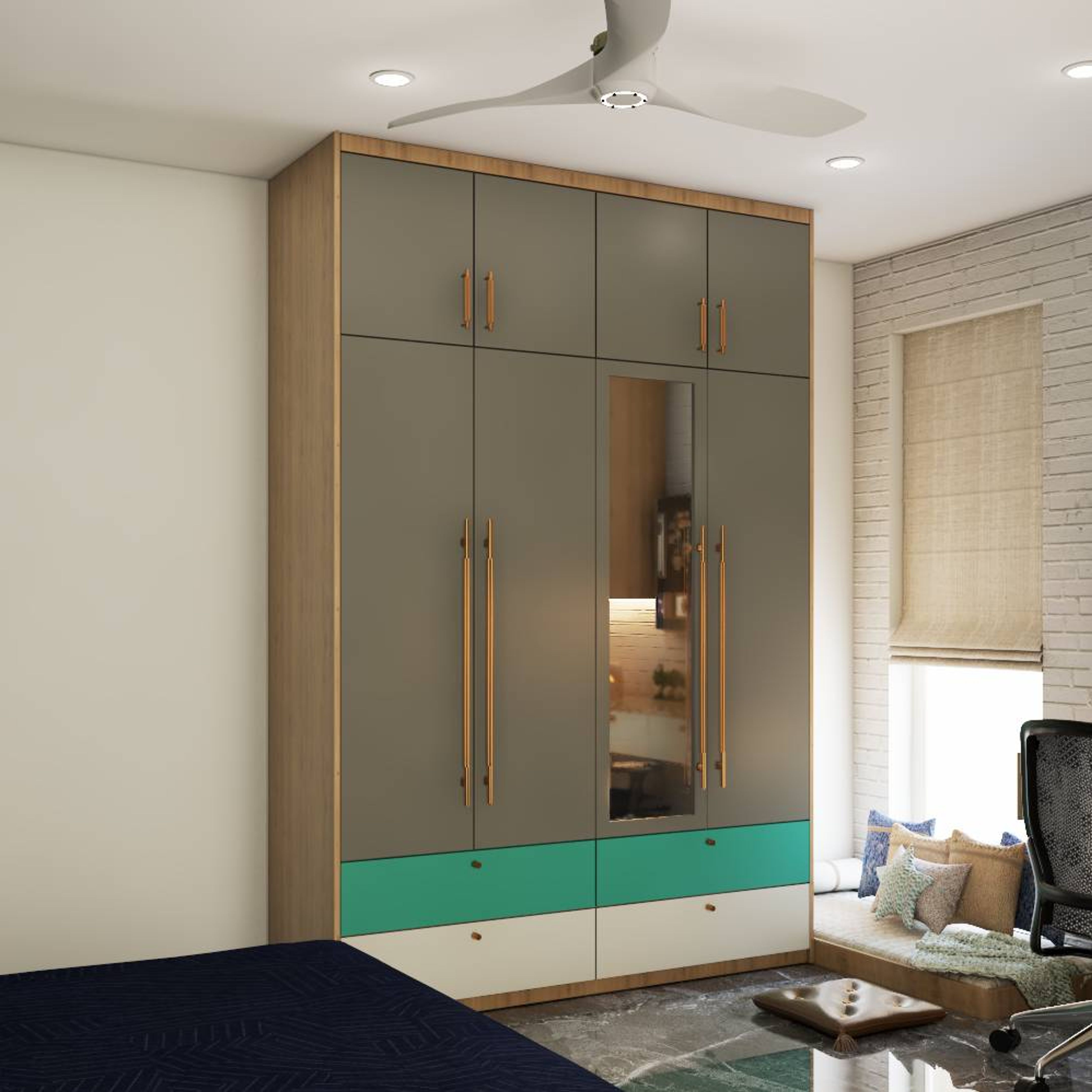 Contemporary Spacious Wardrobe With Green And White Drawers | Livspace