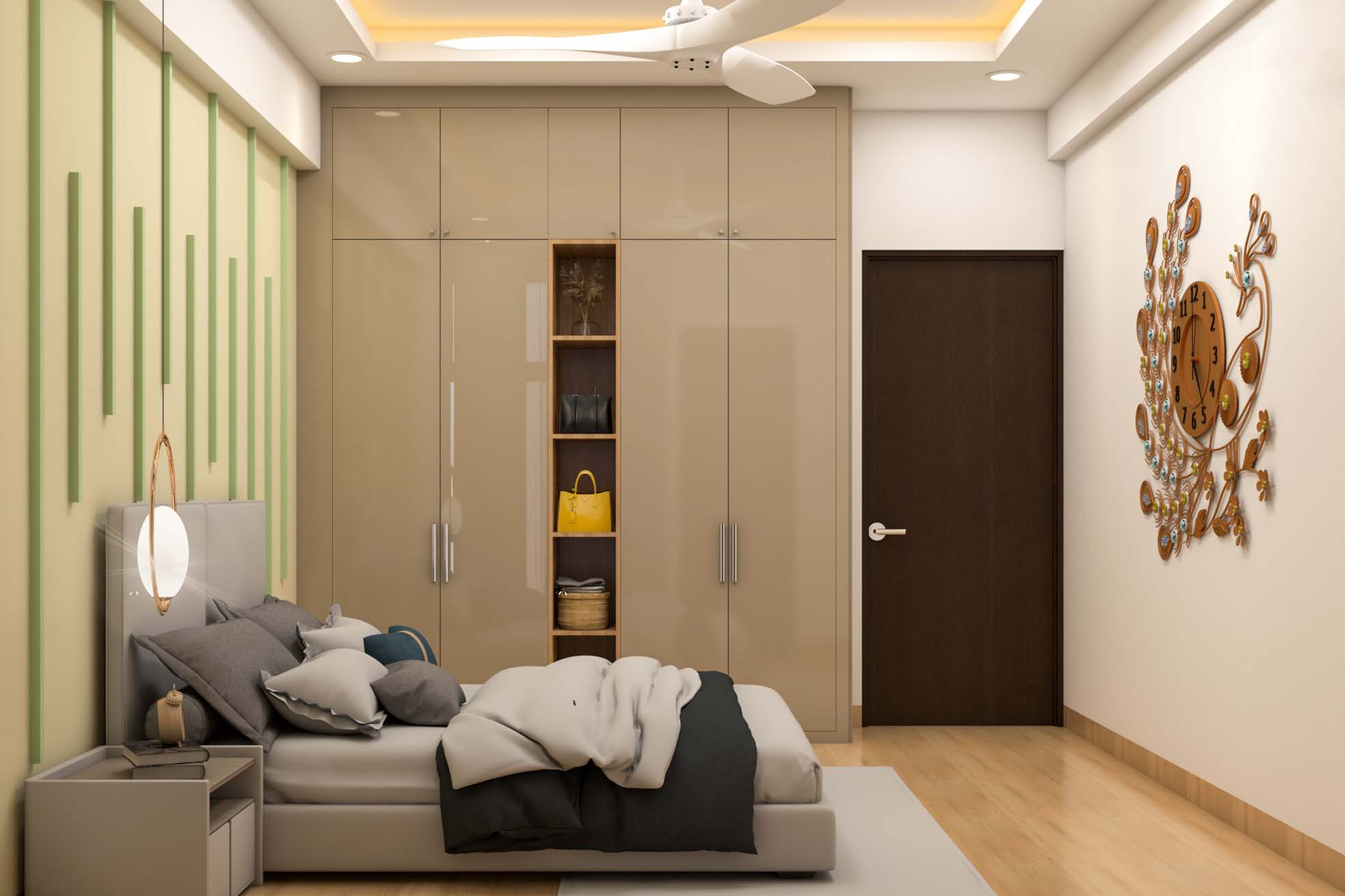 Contemporary Brown Wardrobe Design With Swing Shutters And Open Rack ...