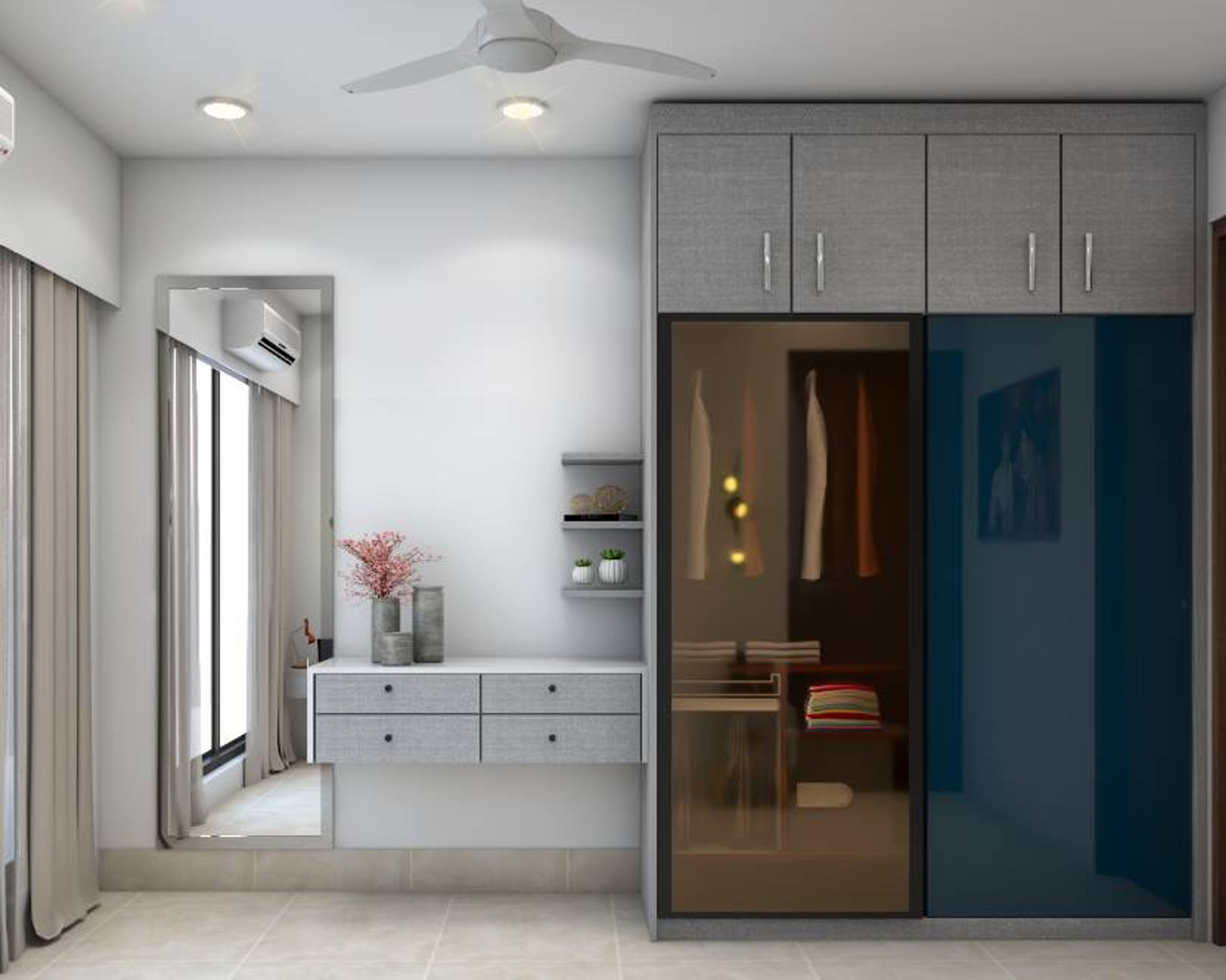 Contemporary Sliding Door Wardrobe Design In Glossy Blue | Livspace