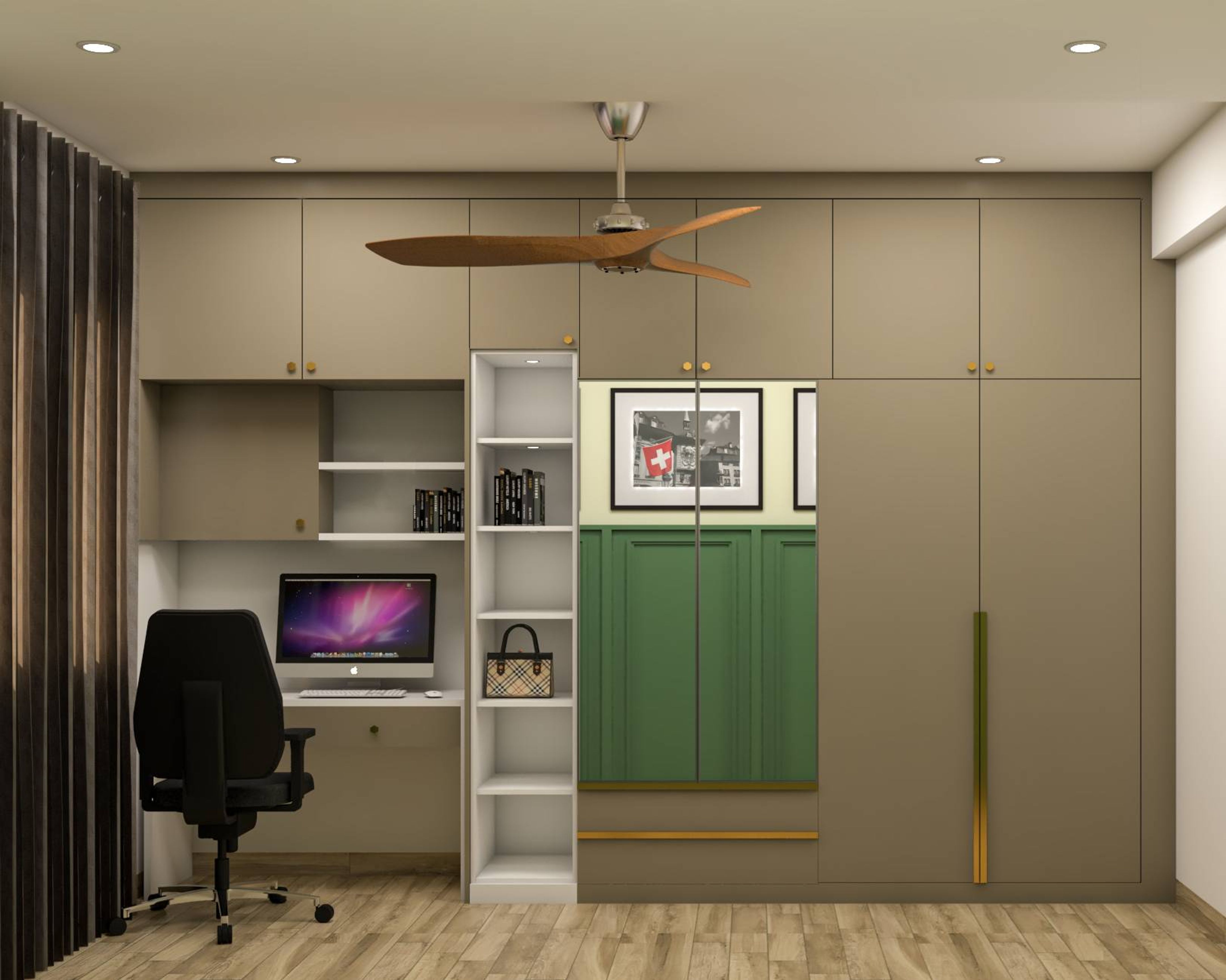 Spacious Home Office Design With Integrated Wardrobe And Overhead ...