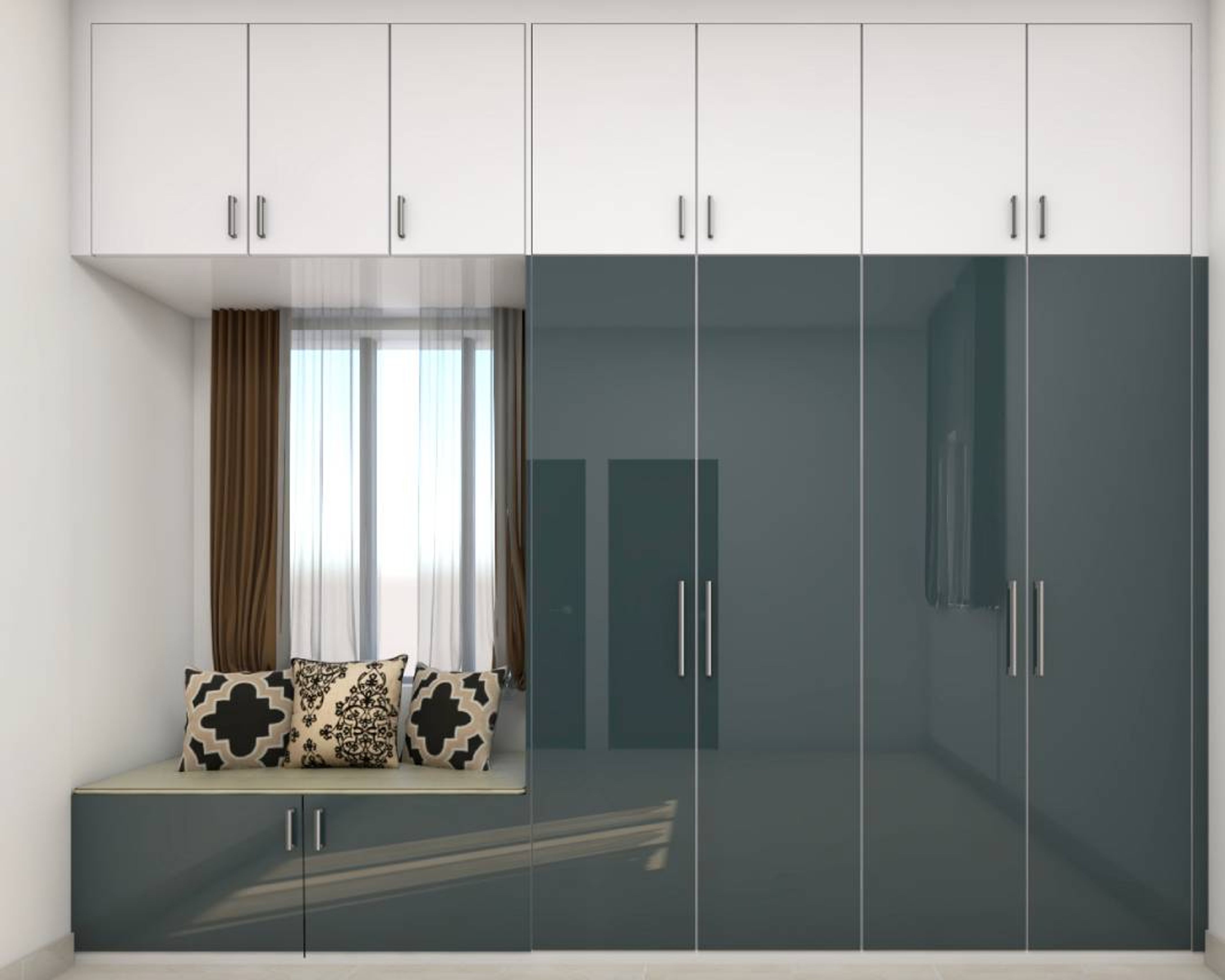 Spacious Two-Toned Wardrobe Design With Storage Seater | Livspace