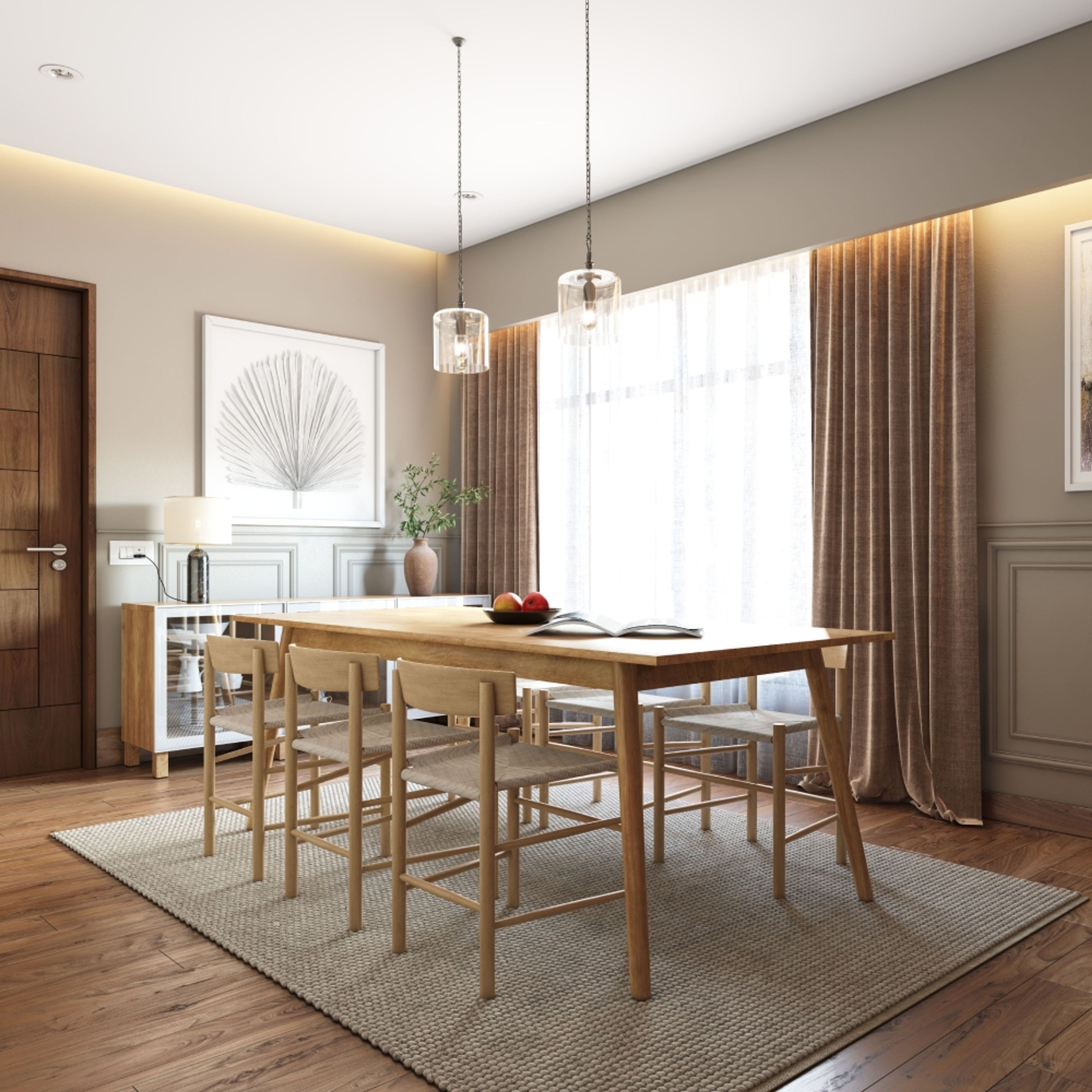 6-Seater Wooden Dining Room Design With Beige Chairs And Ornamental ...