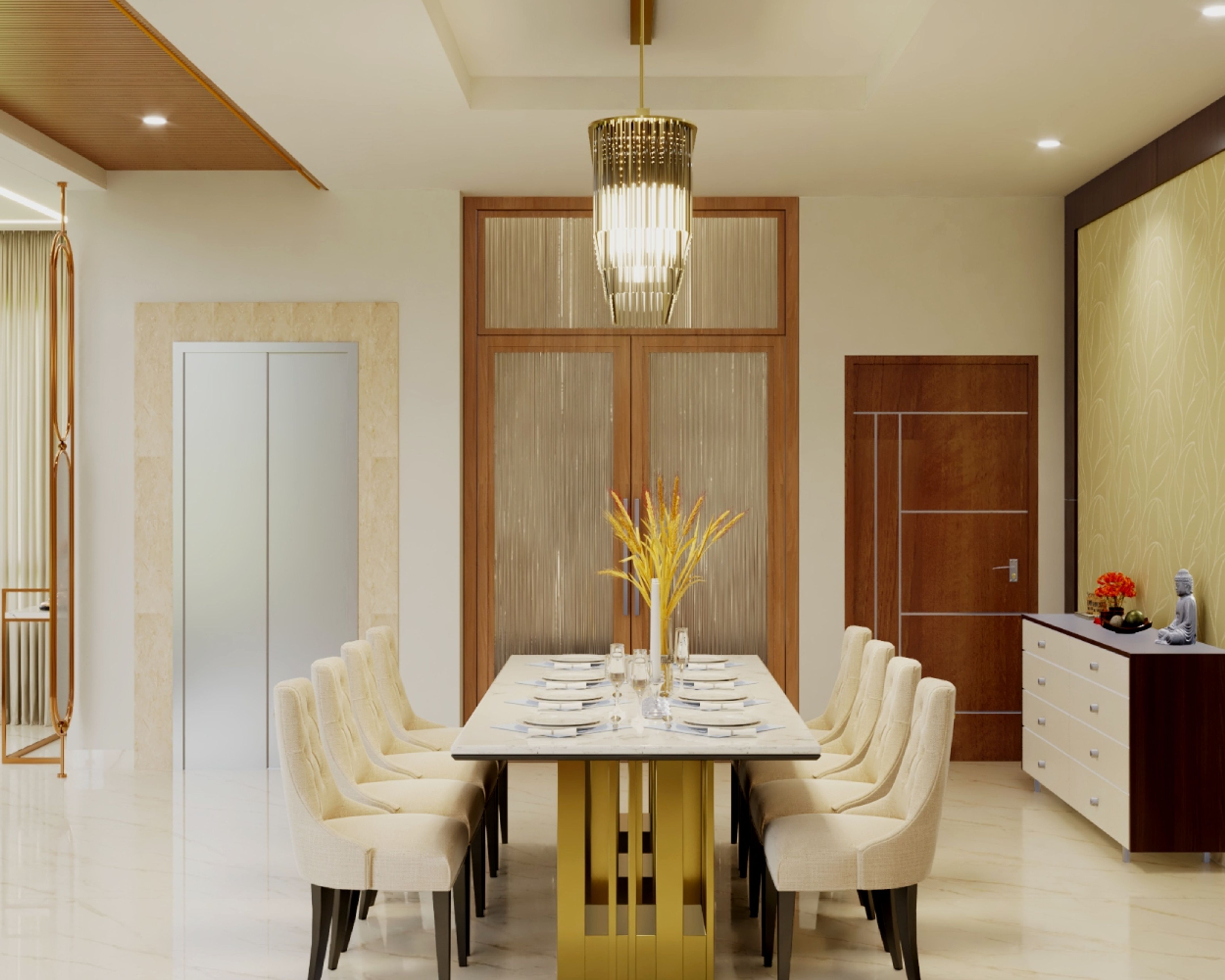 8-Seater Dining Room Design With Marble Top And Metallic Legs - 12x11 ...